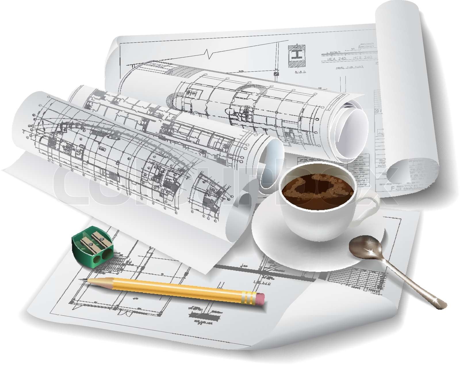 Architectural background with drawing tools and rolls of drawings ...