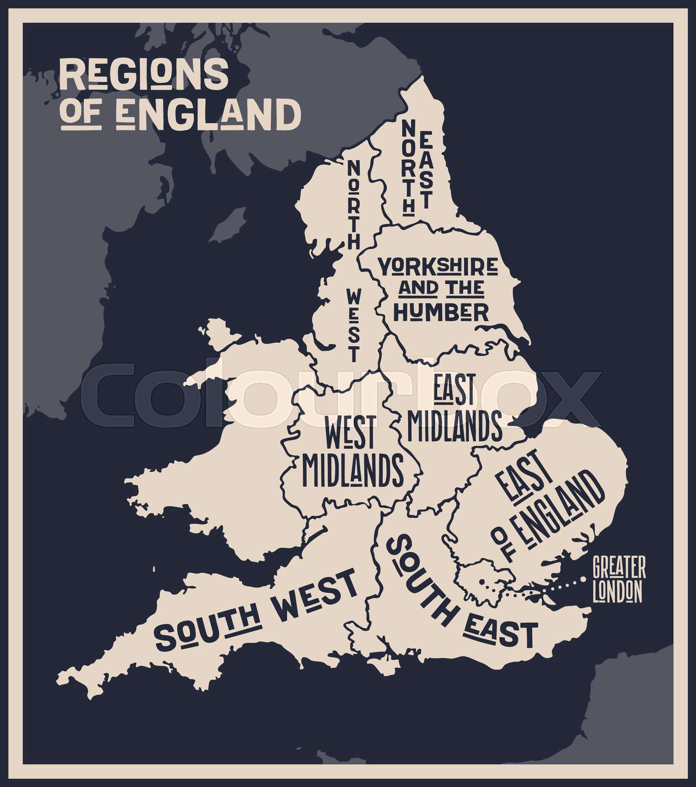 Poster map of regions of England | Stock vector | Colourbox
