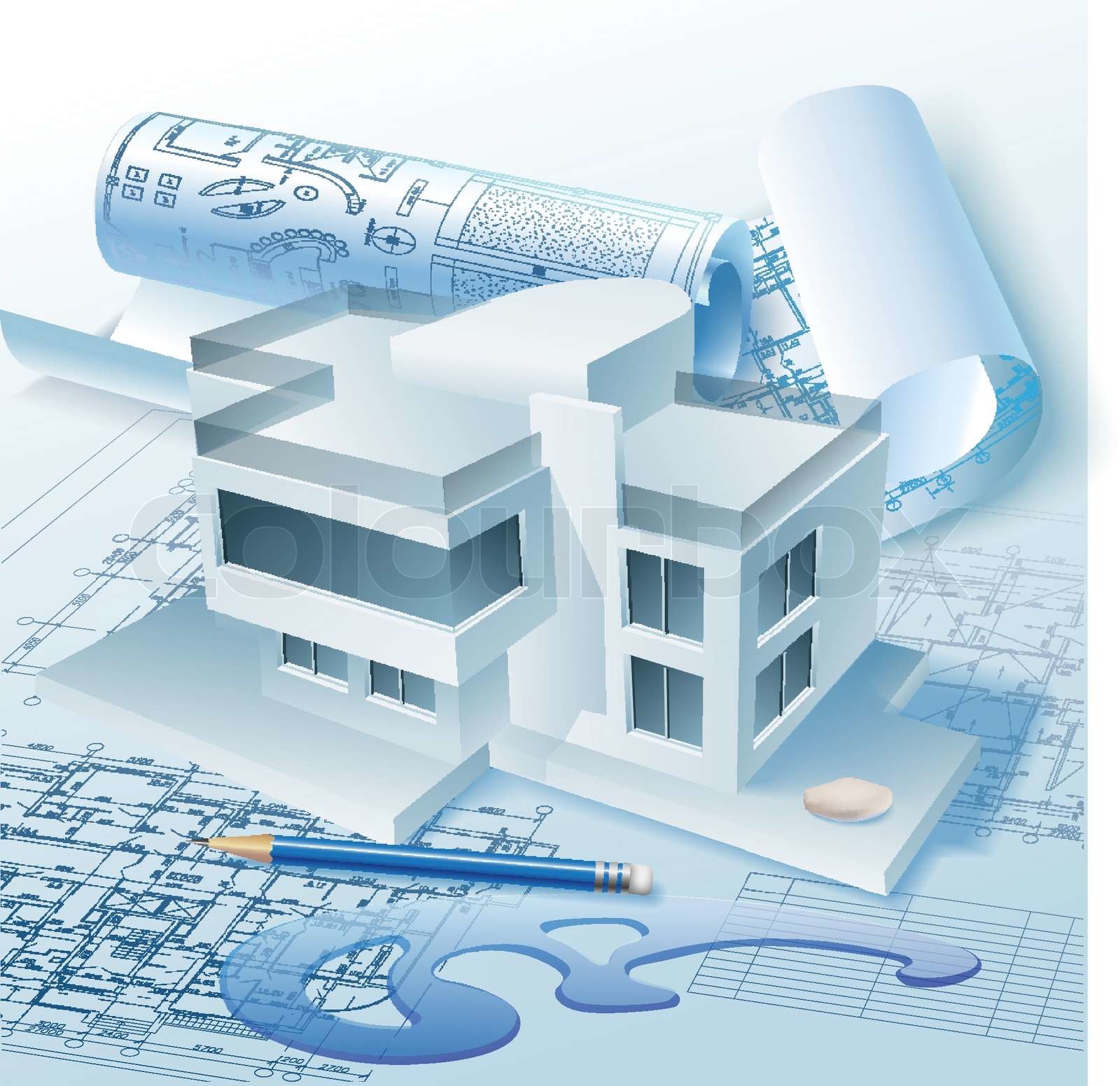 Architectural background with a 3D building model and rolls of drawings ...