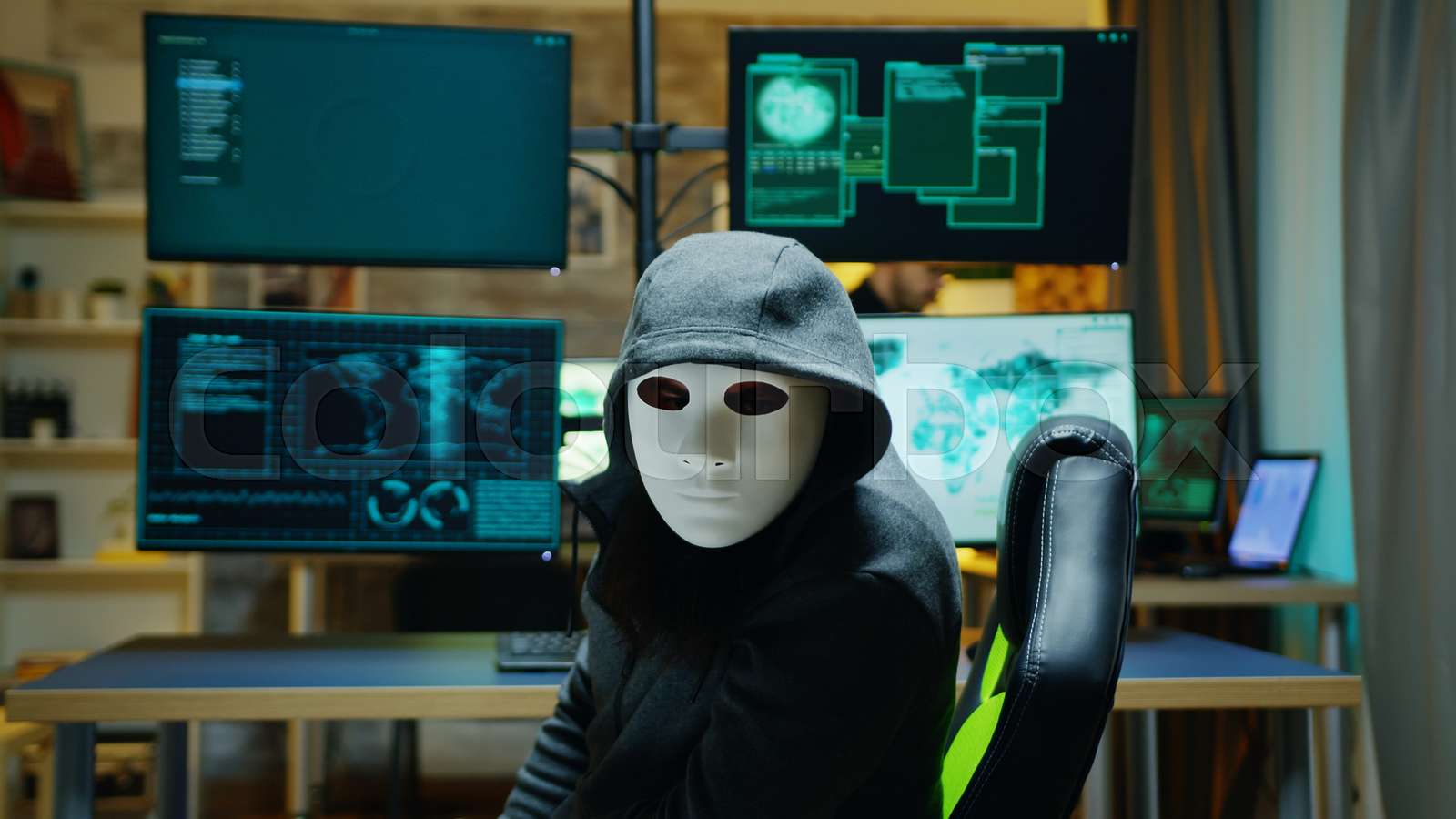 Masked hacker wearing a hoodie to hide his identity | Stock image ...