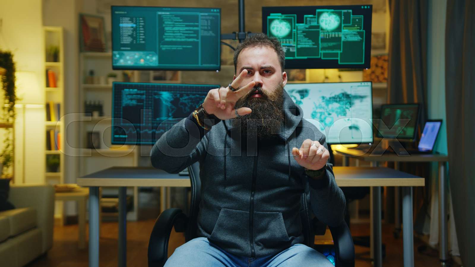 Bearded Hacker Doing Hand Gestures Using Augmented Reality Stock Image Colourbox