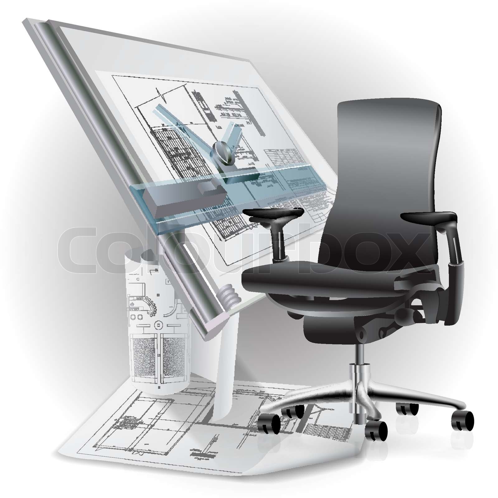 Part of office interior with a chair and architectural drawings | Stock ...