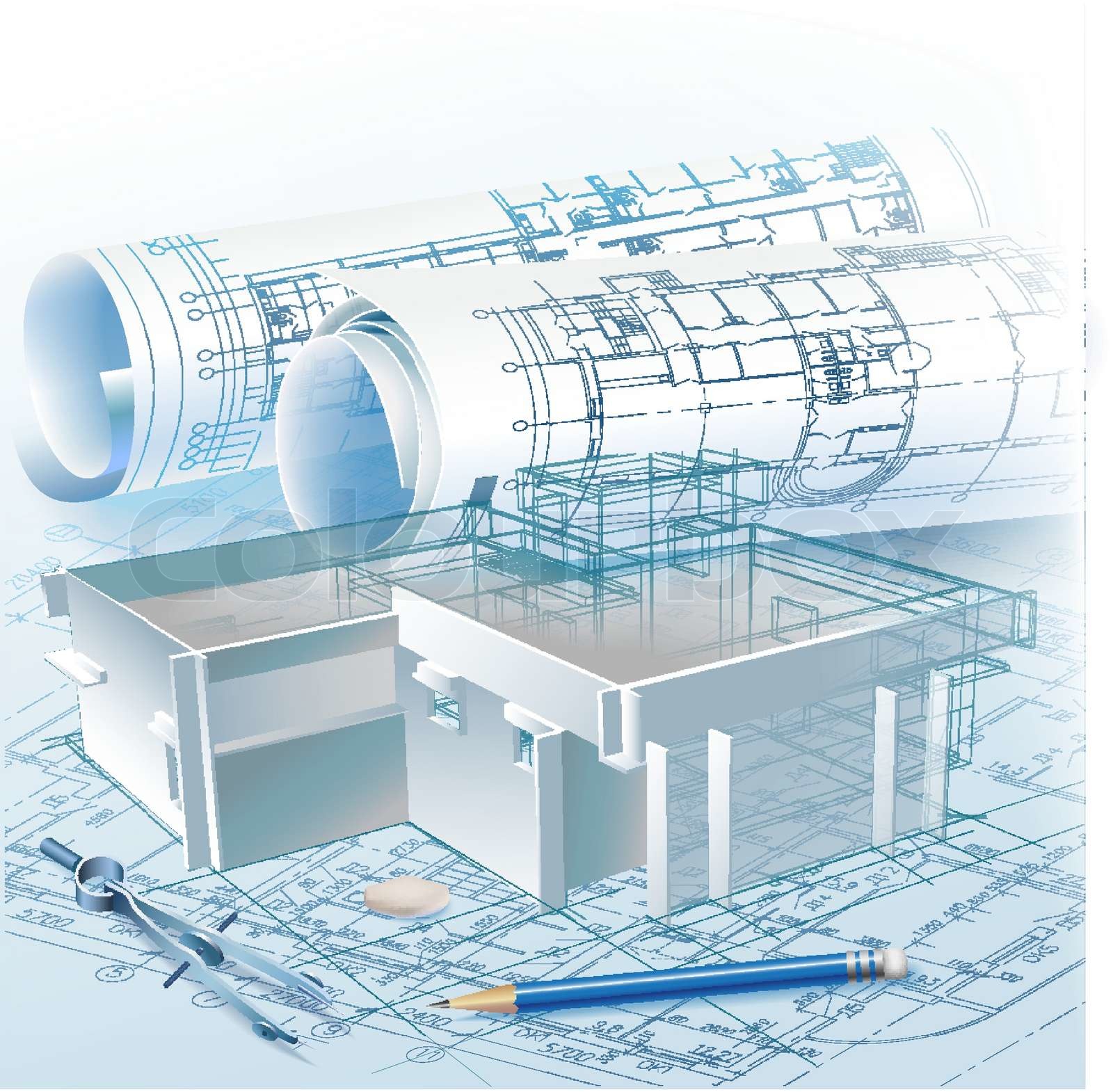 Architectural background with a 3D building model and rolls of drawings ...