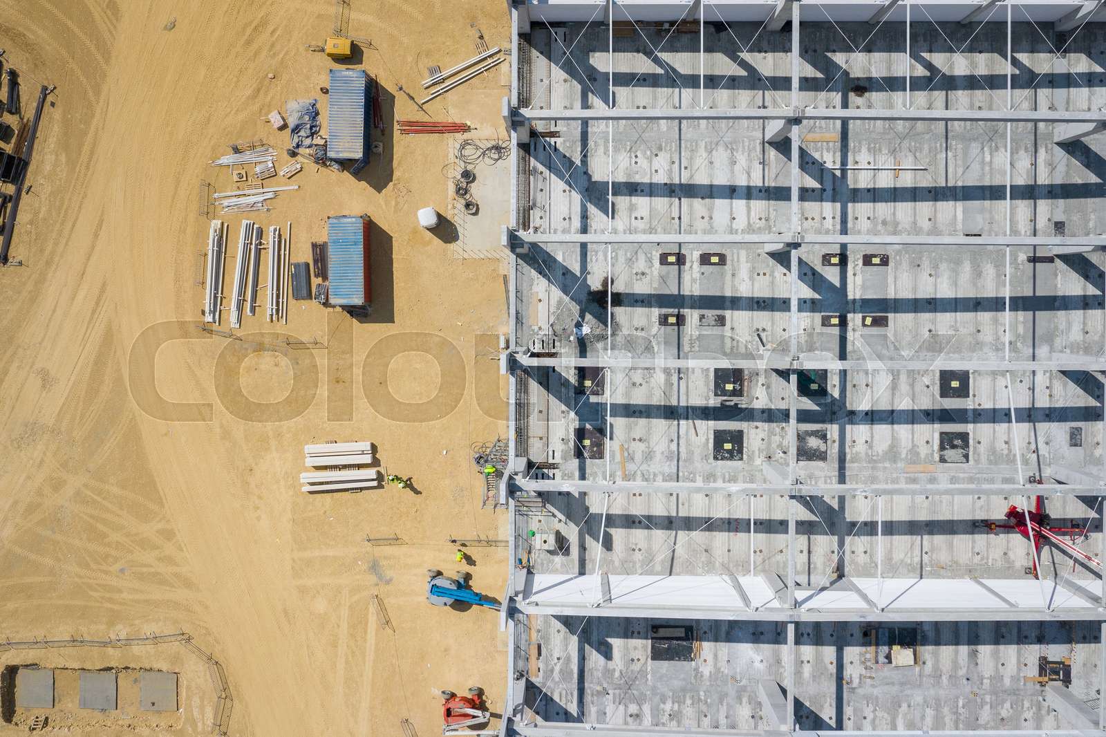 Construction site from above. Top view of factory under construction ...