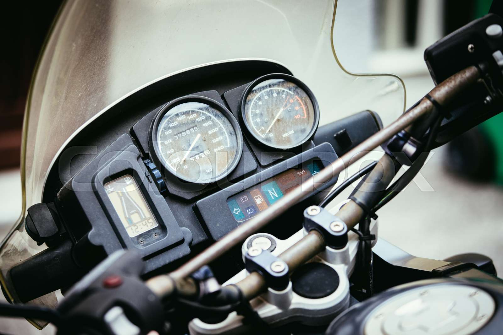 Classic motorbike control panel, close up picture, road trip concept ...