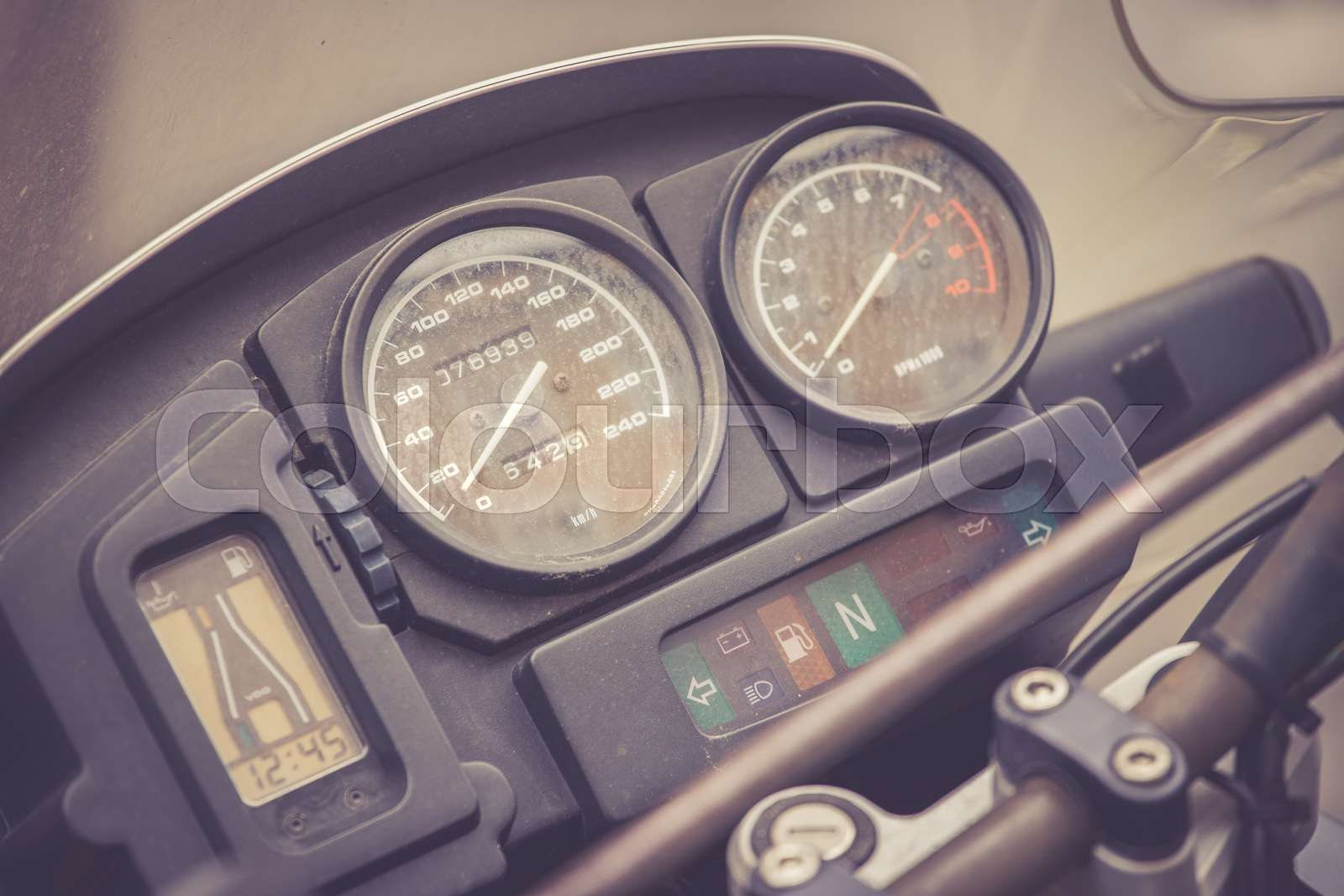 Classic motorbike control panel, close up picture, road trip concept ...