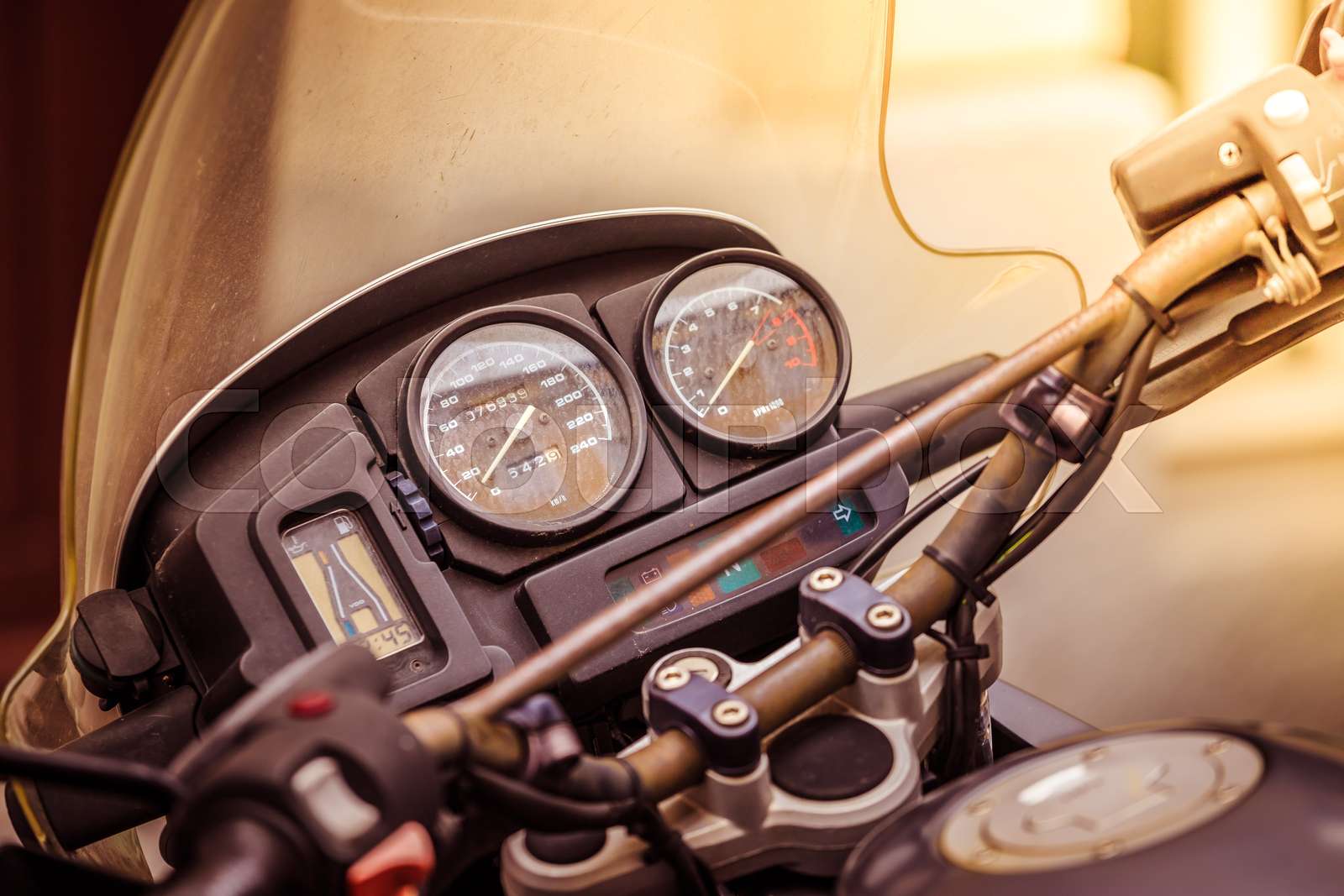 Classic motorbike control panel, close up picture, road trip concept ...