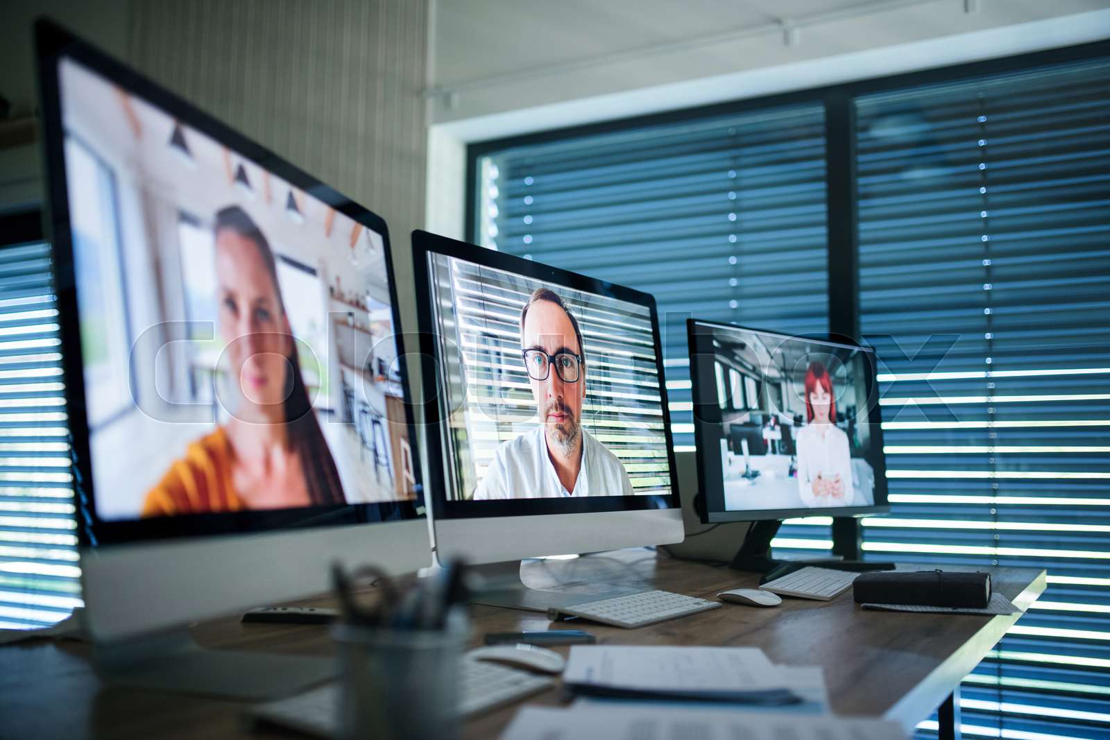 Desk with computers in office interior, business call concept. | Stock ...