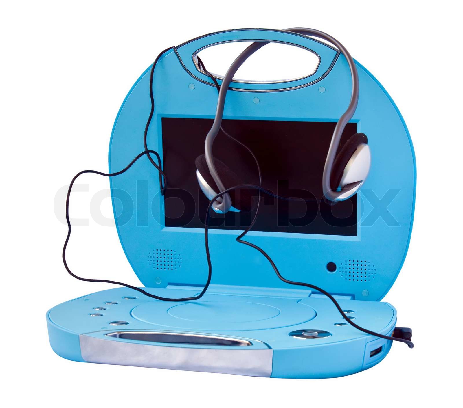 Portable DVD player with headphones, isolated on a white background ...