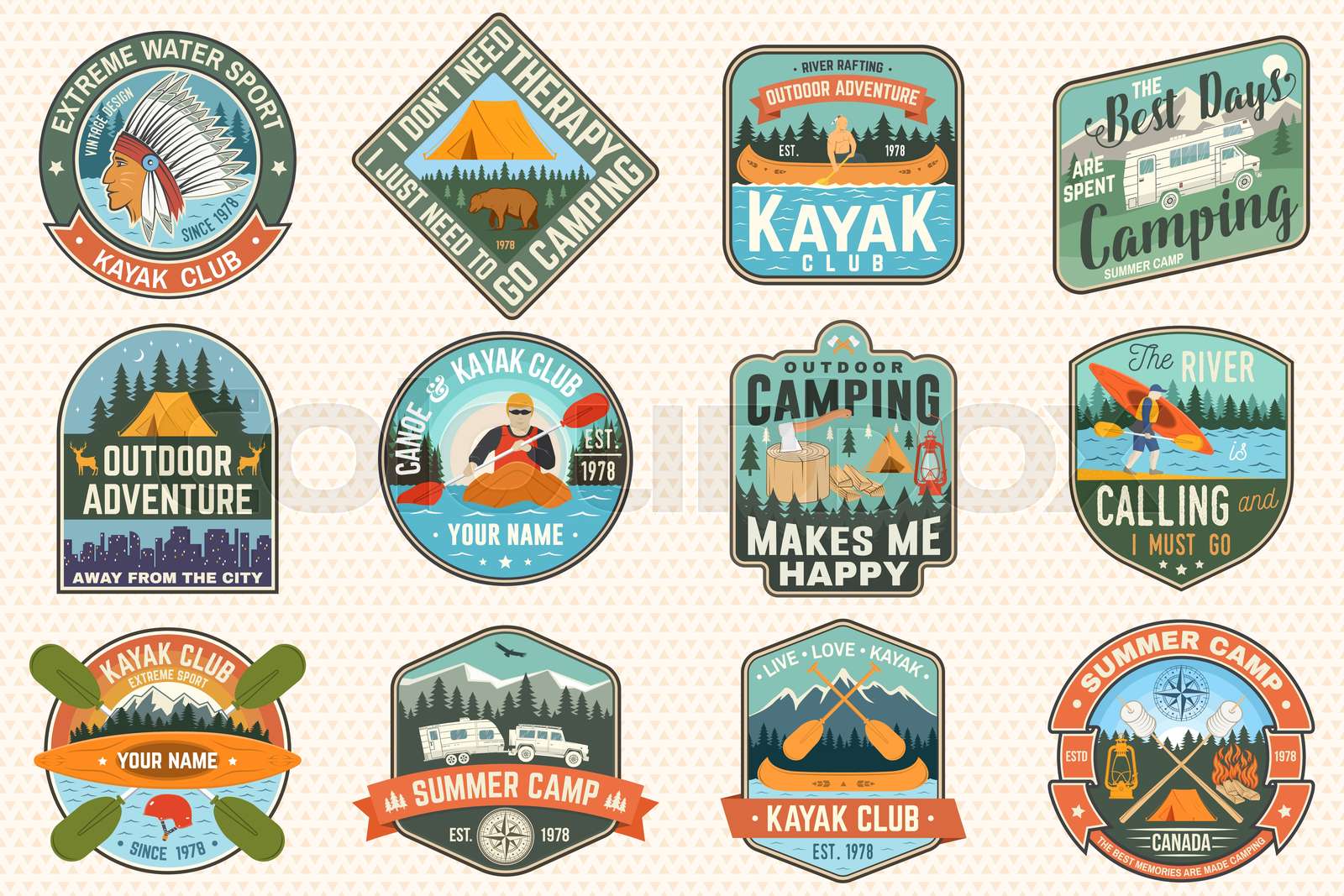 Set of summer camp, canoe and kayak club badges. Vector. Concept for ...