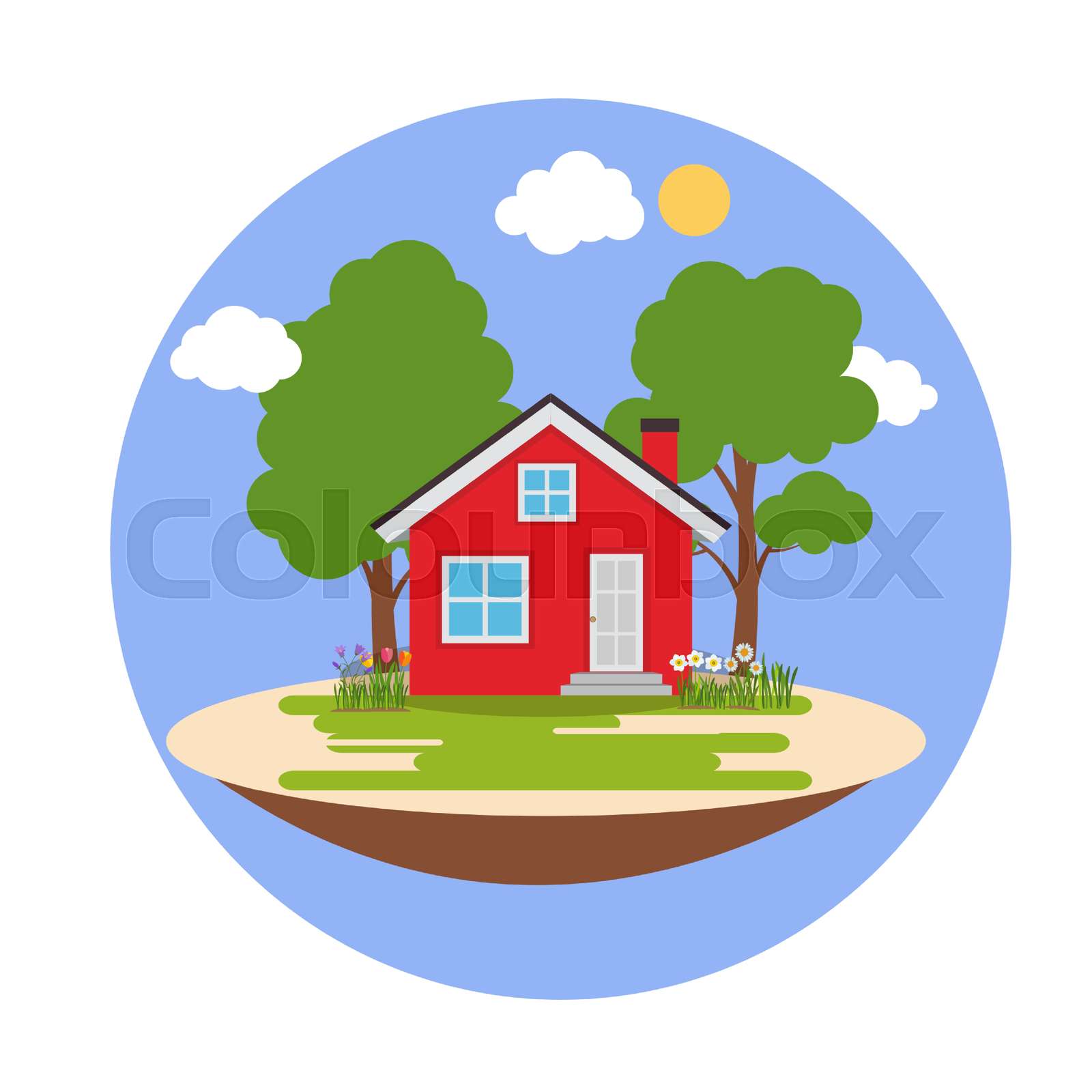 House with trees and flowers. Flat Background. Vector Illustration ...