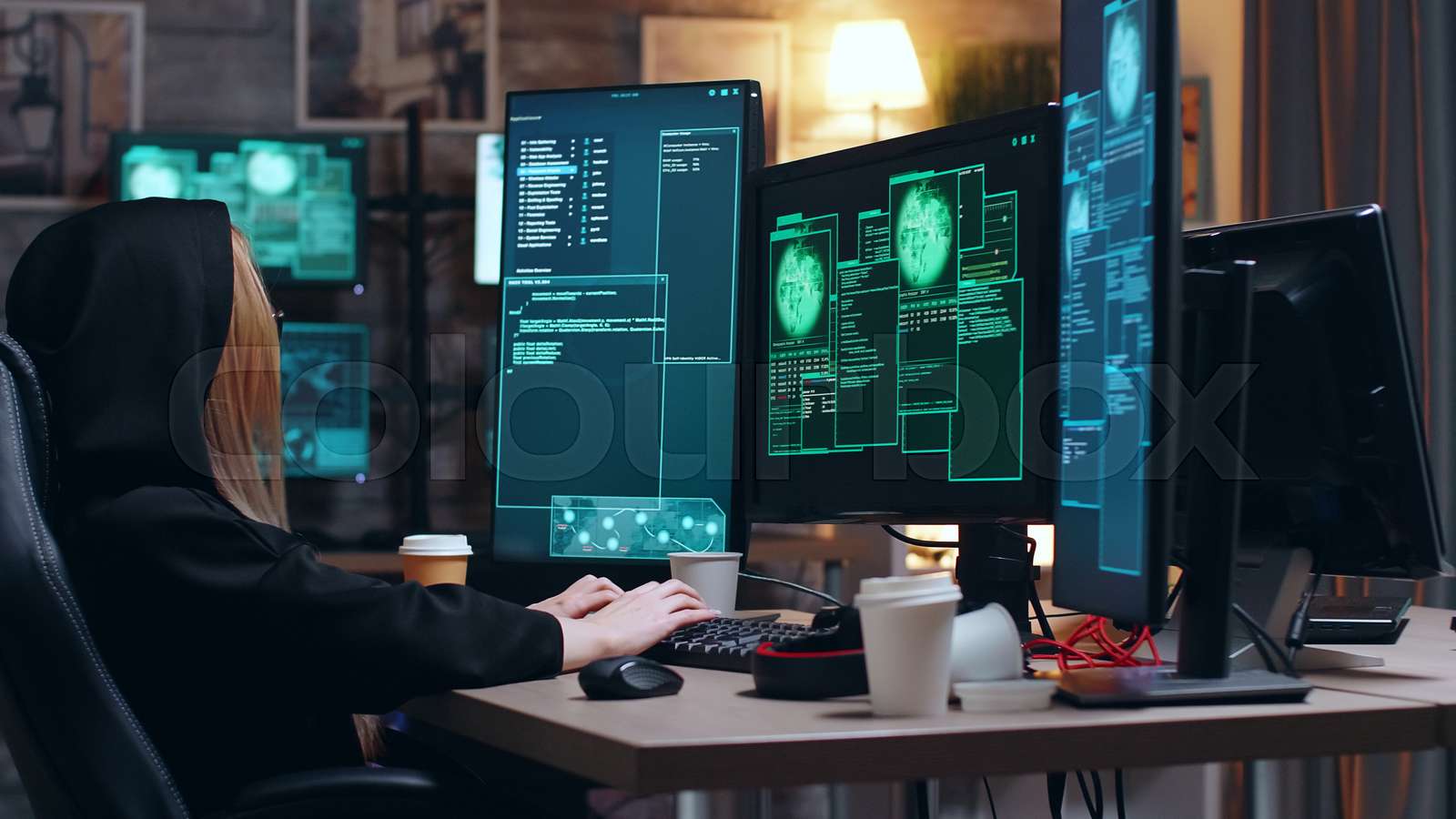 Female hacker wearing a hoodie to cover her face | Stock image | Colourbox