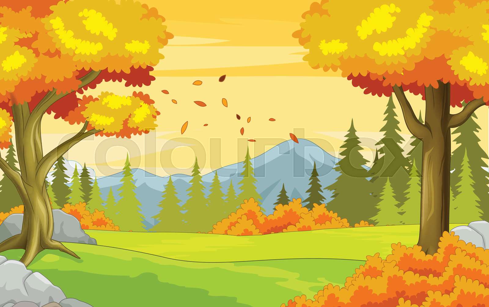 Autumn Forest With Mountain Background | Stock vector | Colourbox