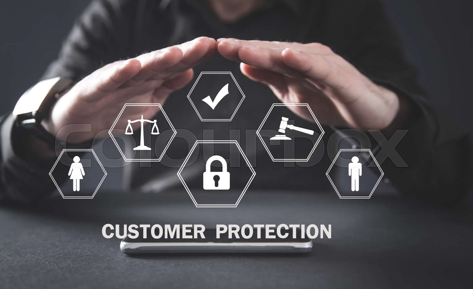 Man with protect gesture. Customer protection | Stock image | Colourbox