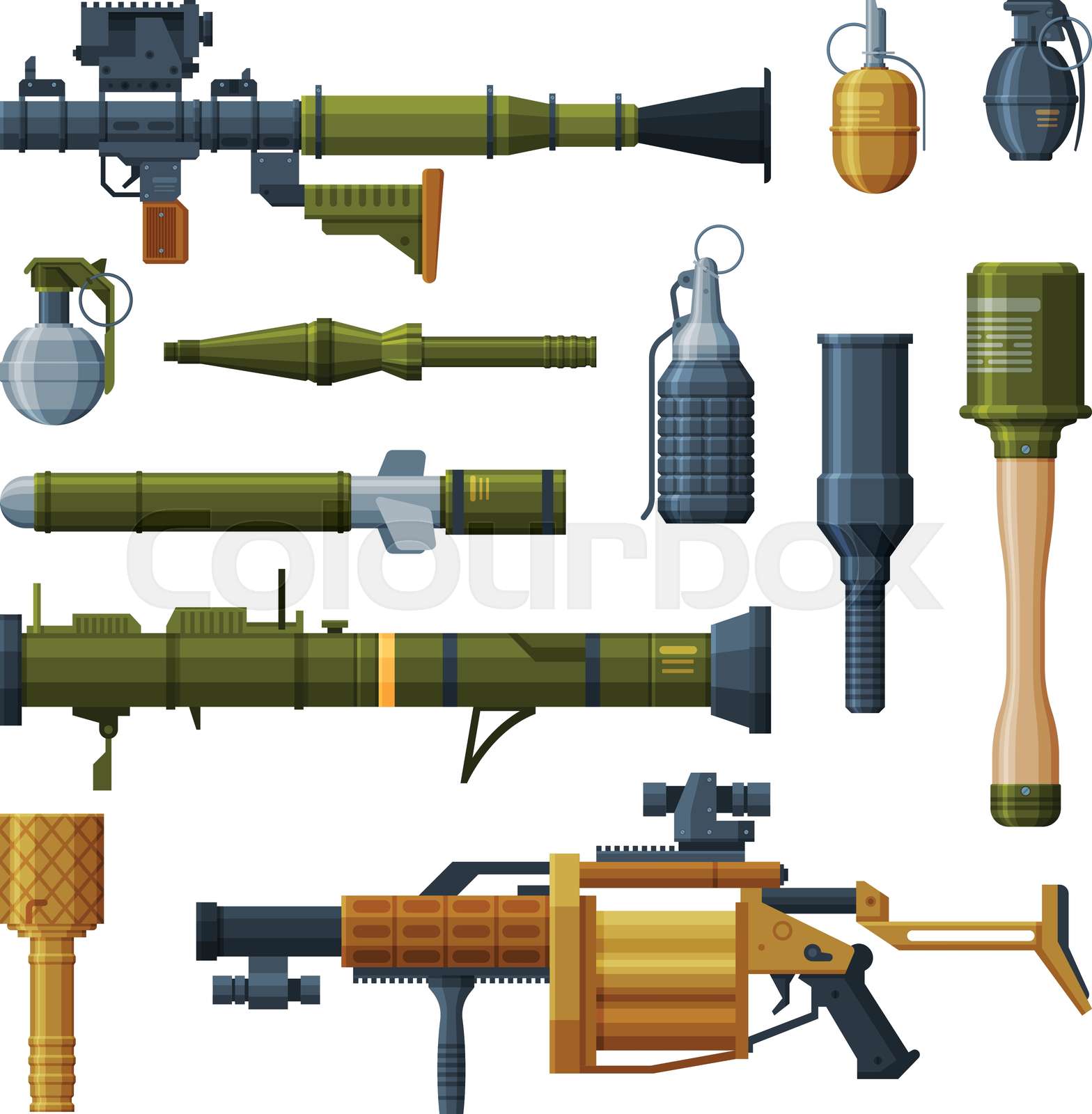 Hand Grenade and Bazooka Portable Rocket Launcher Collection, Military ...