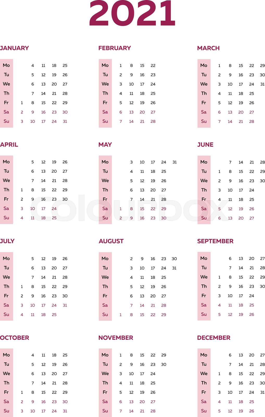 The 2021 calendar template with left oriented columns | Stock vector ...