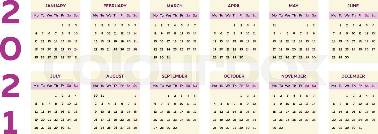 The 2021 calendar template with classical vertical columns | Stock ...