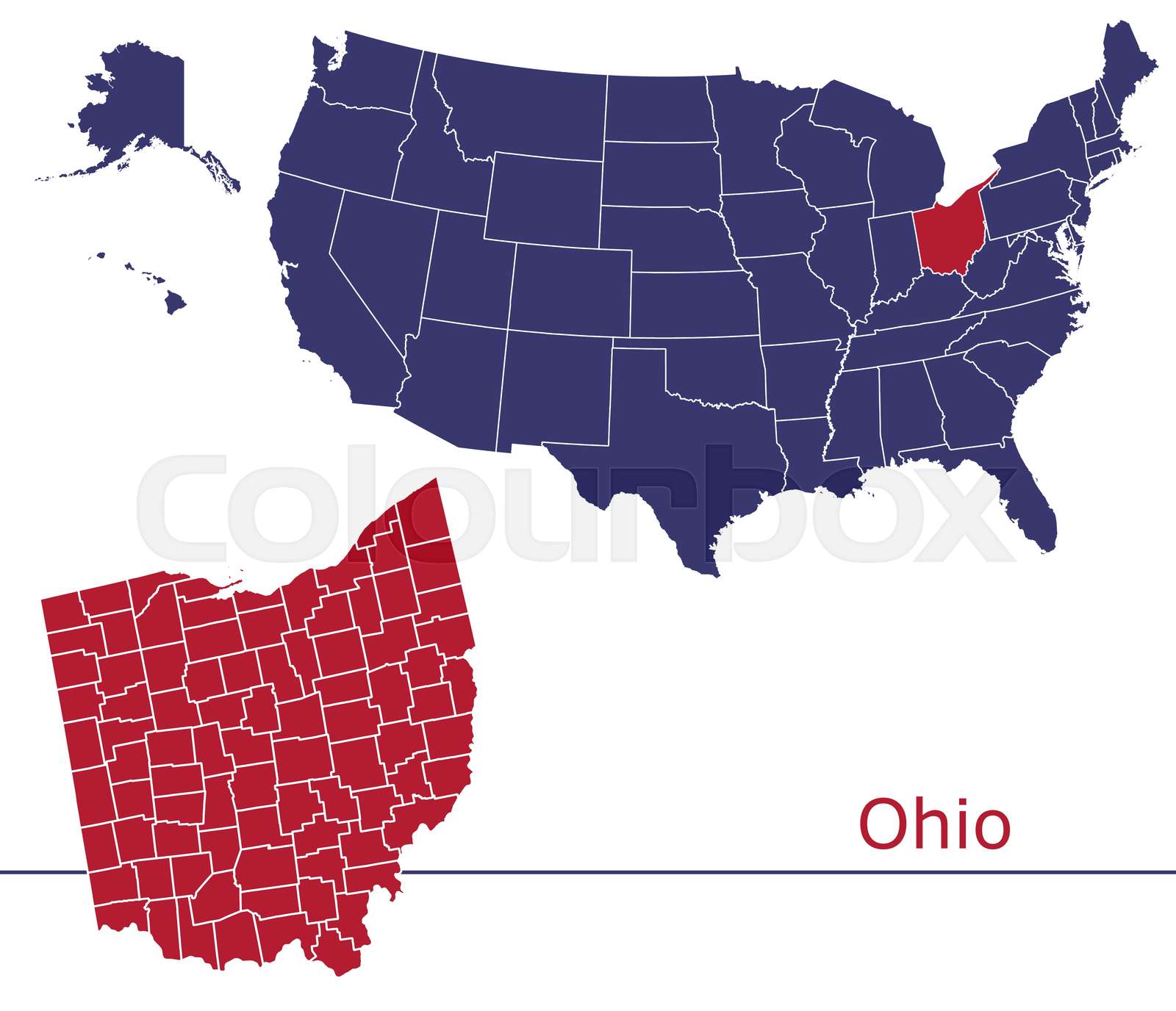 Ohio map counties vector with USA map | Stock vector | Colourbox