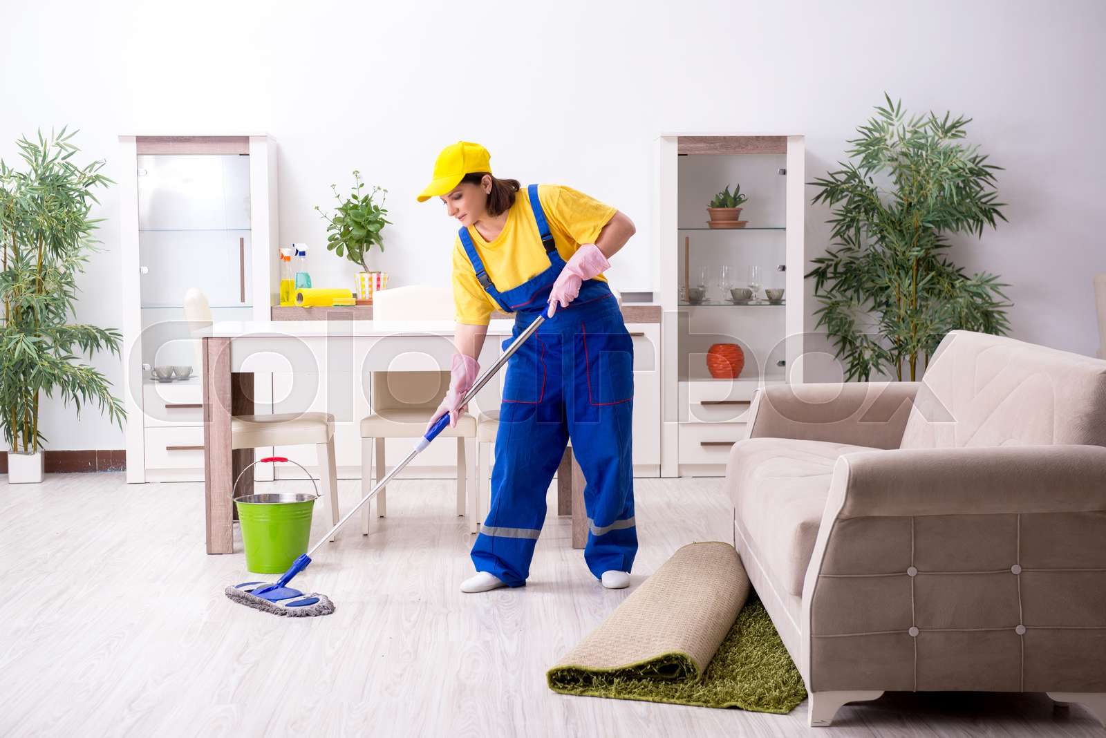 Old female contractor doing housework | Stock image | Colourbox