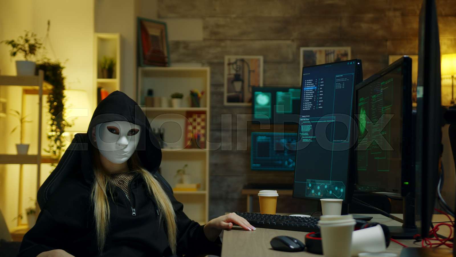 Hacker girl wearing a white mask to hide her identity | Stock image ...