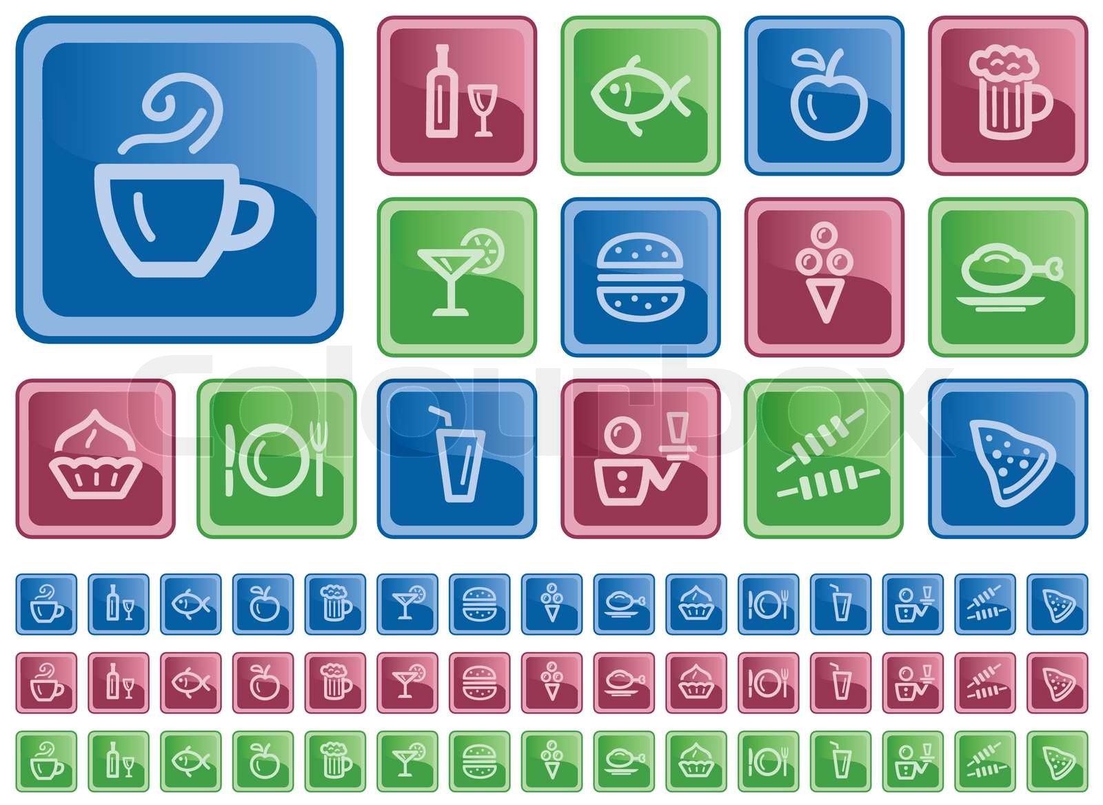 Food and drinks button set | Stock vector | Colourbox
