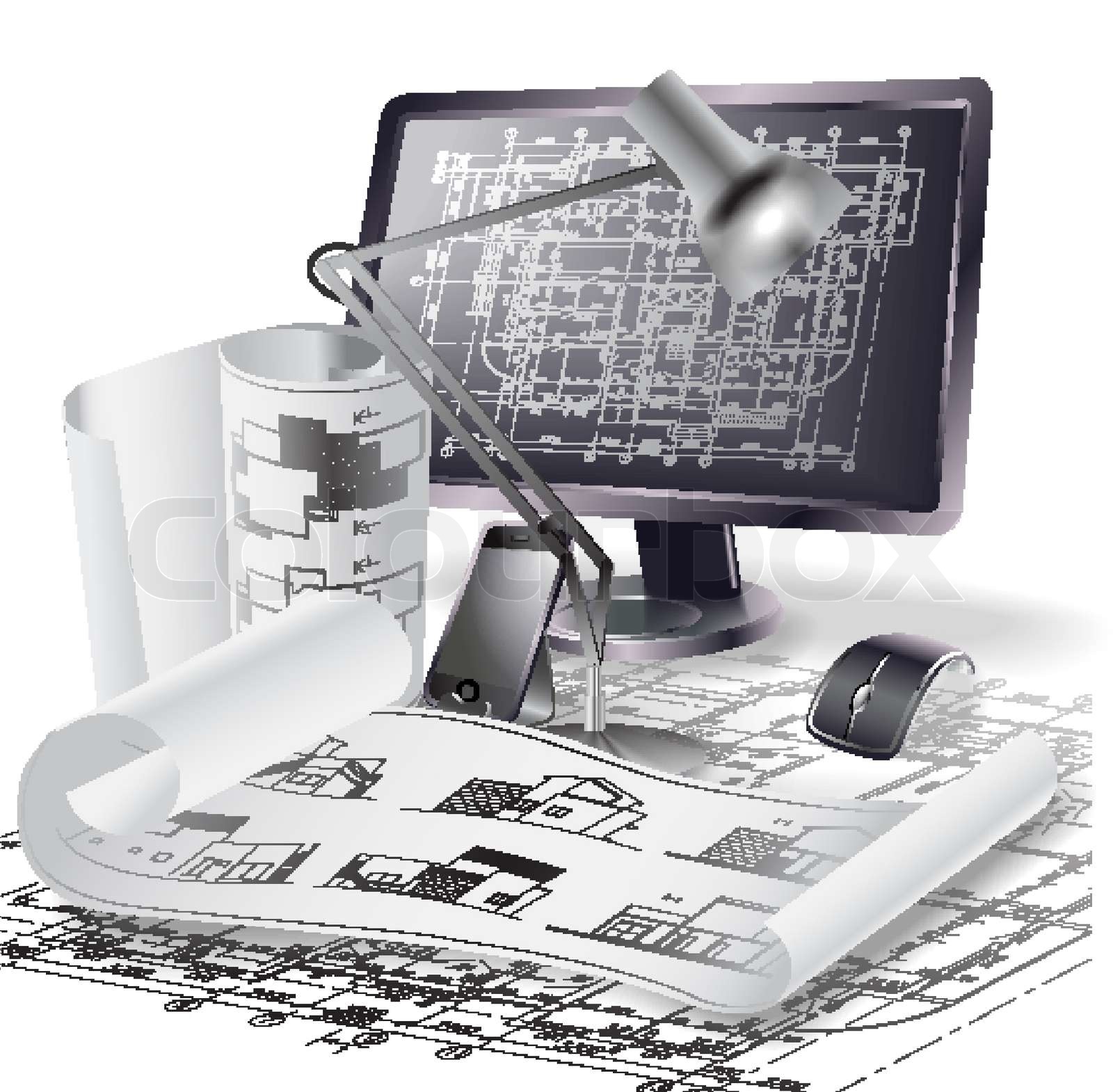 Architectural background with drawing tools and rolls of drawings ...