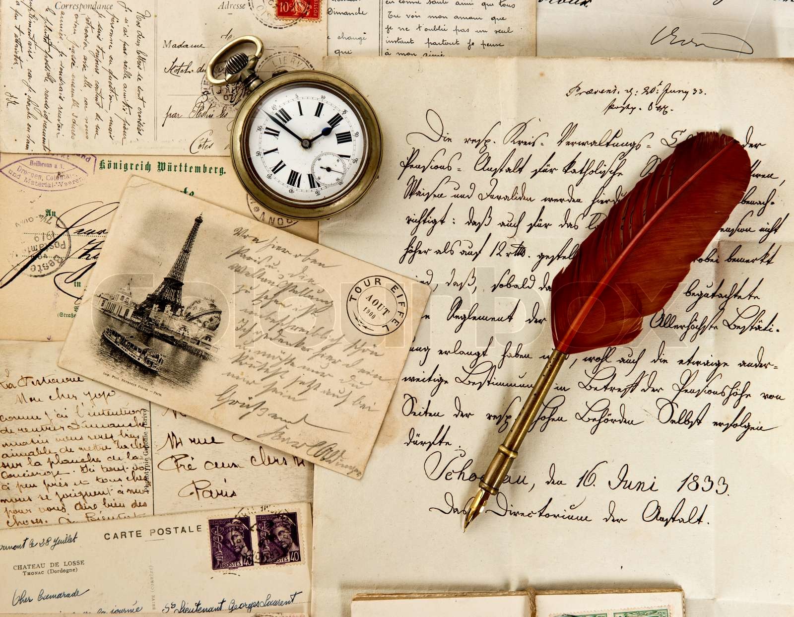 old letter and post cards with feather quill | Stock image | Colourbox
