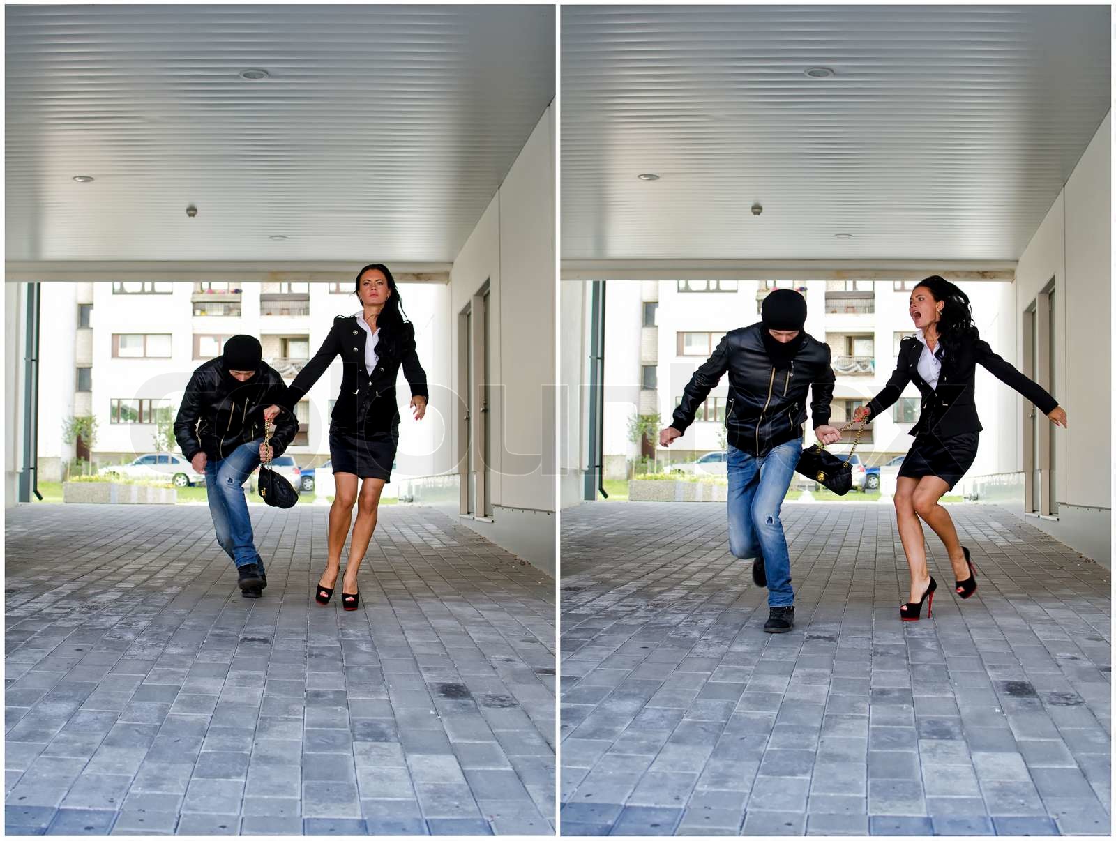 Bandit stealing businesswoman bag in the street Collage | Stock image ...