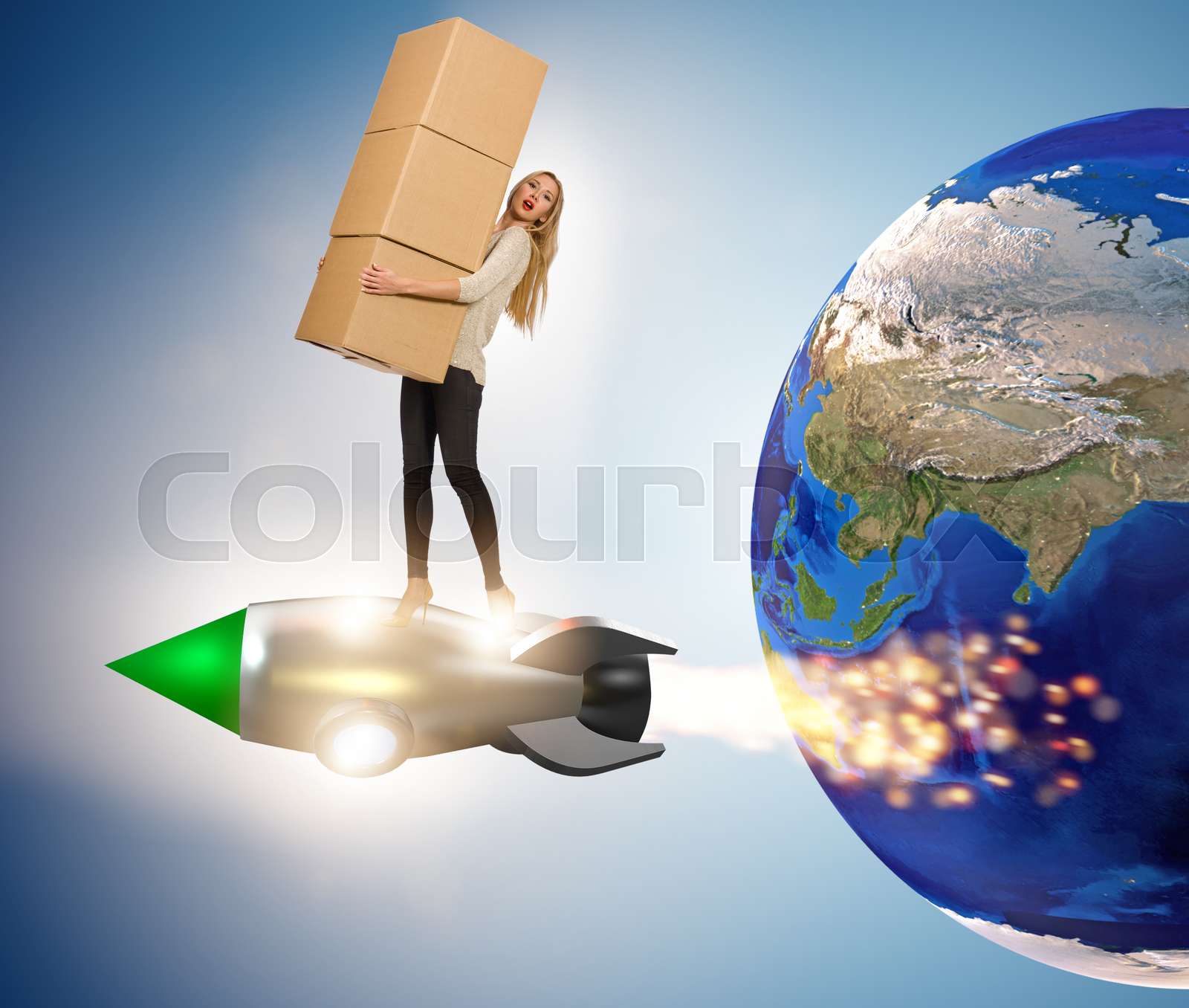 Woman flying jetpack and delivering boxes globally | Stock image ...