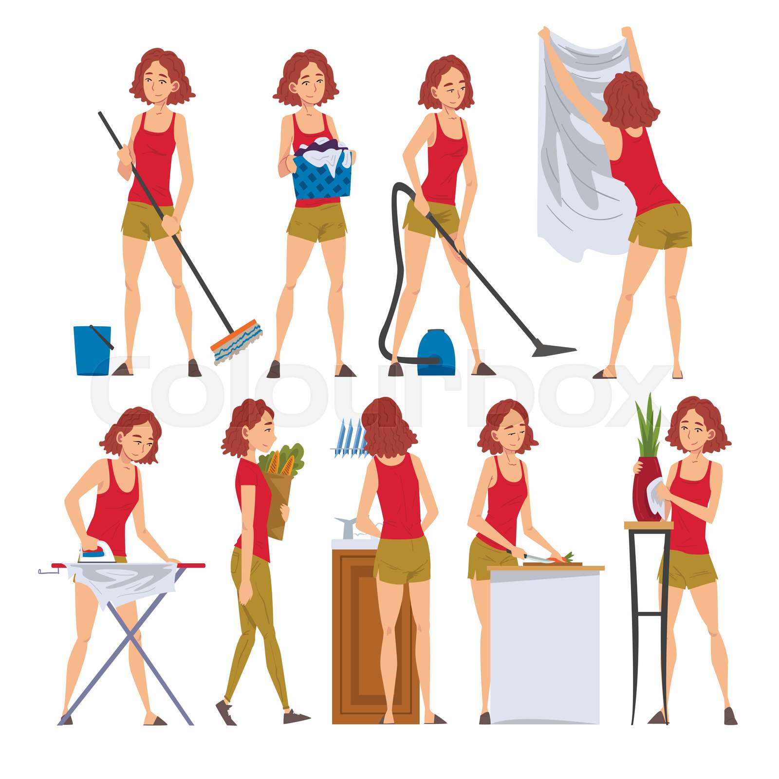 Housewife Character Household Activities Collection, Young Woman ...