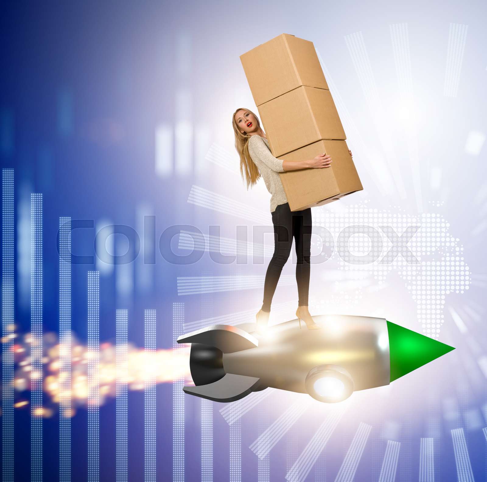 Woman flying jetpack and delivering boxes globally | Stock image ...