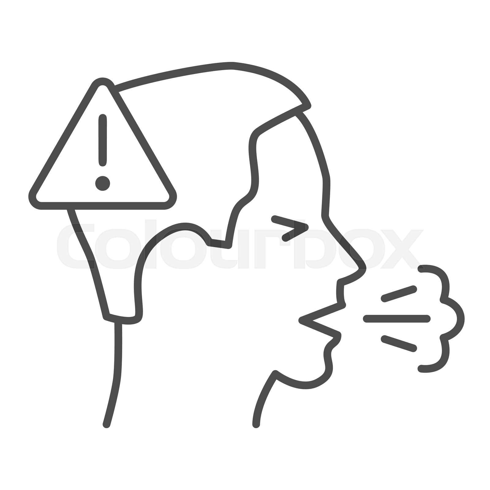 Sick man cough and warning sign thin line icon, covid-19 spread concept ...