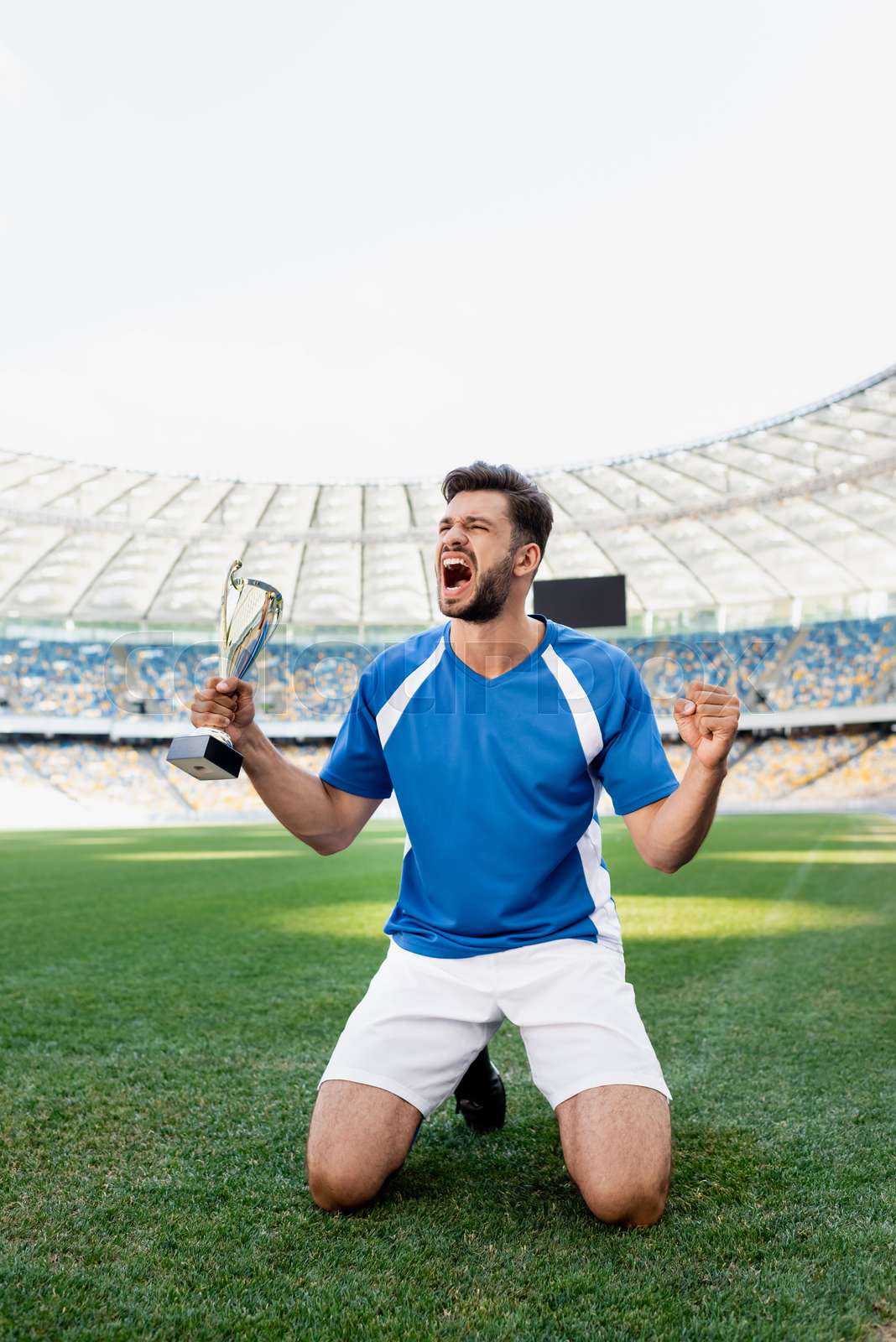 professional soccer player in blue and white uniform with sports cup ...