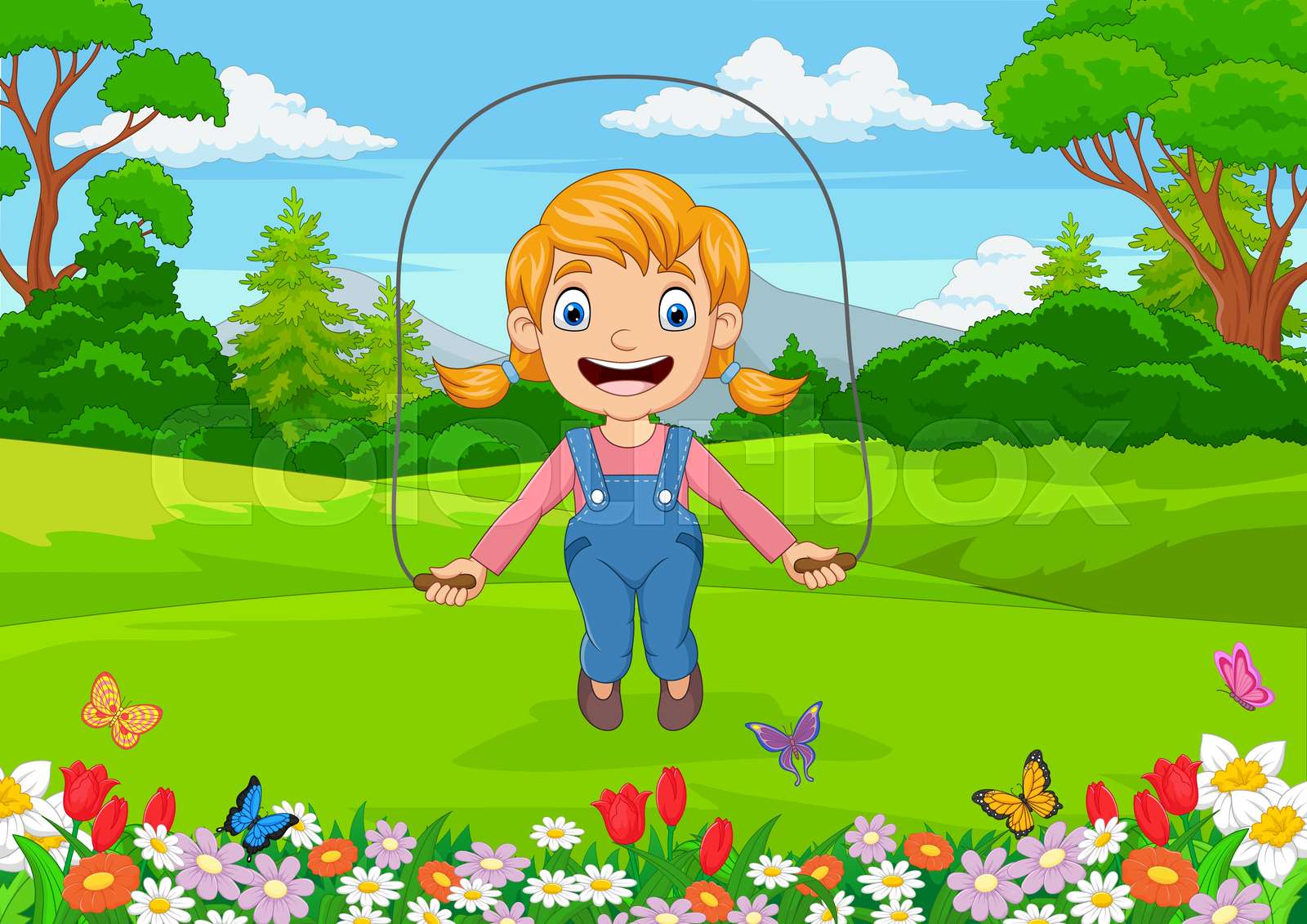 Cartoon little girl playing jump rope in the park | Stock vector ...