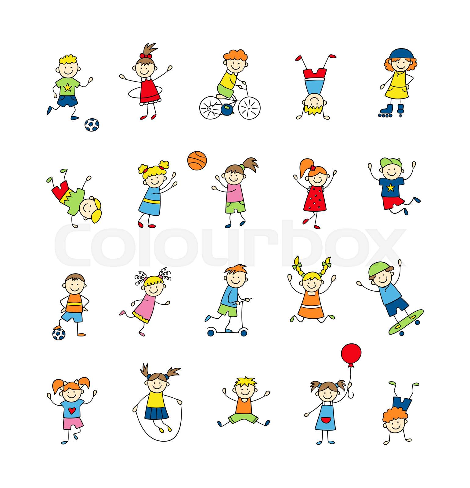 Funny small kids play, run and jump. Cute doodle children, boys and ...