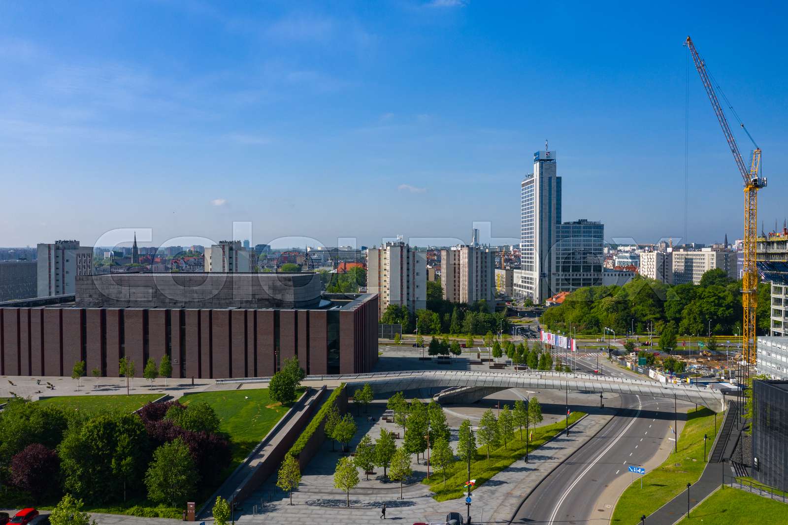 Katowice city center architecture. Aerial view of green grass terraces ...