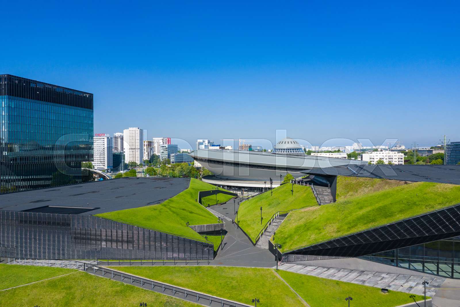 Katowice city center architecture. Aerial view of green grass terraces ...