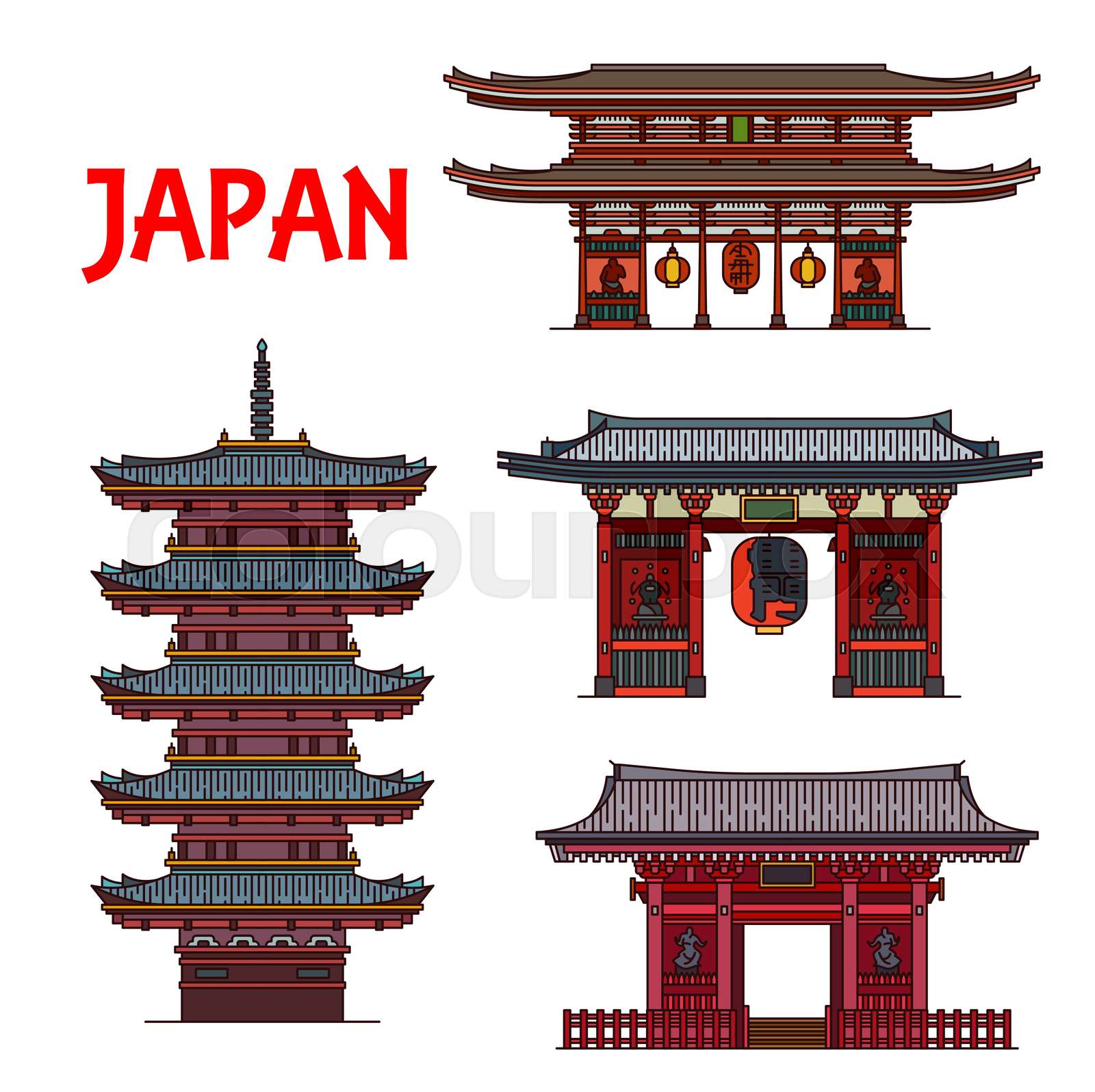Japanese travel landmarks, famous buildings | Stock vector | Colourbox