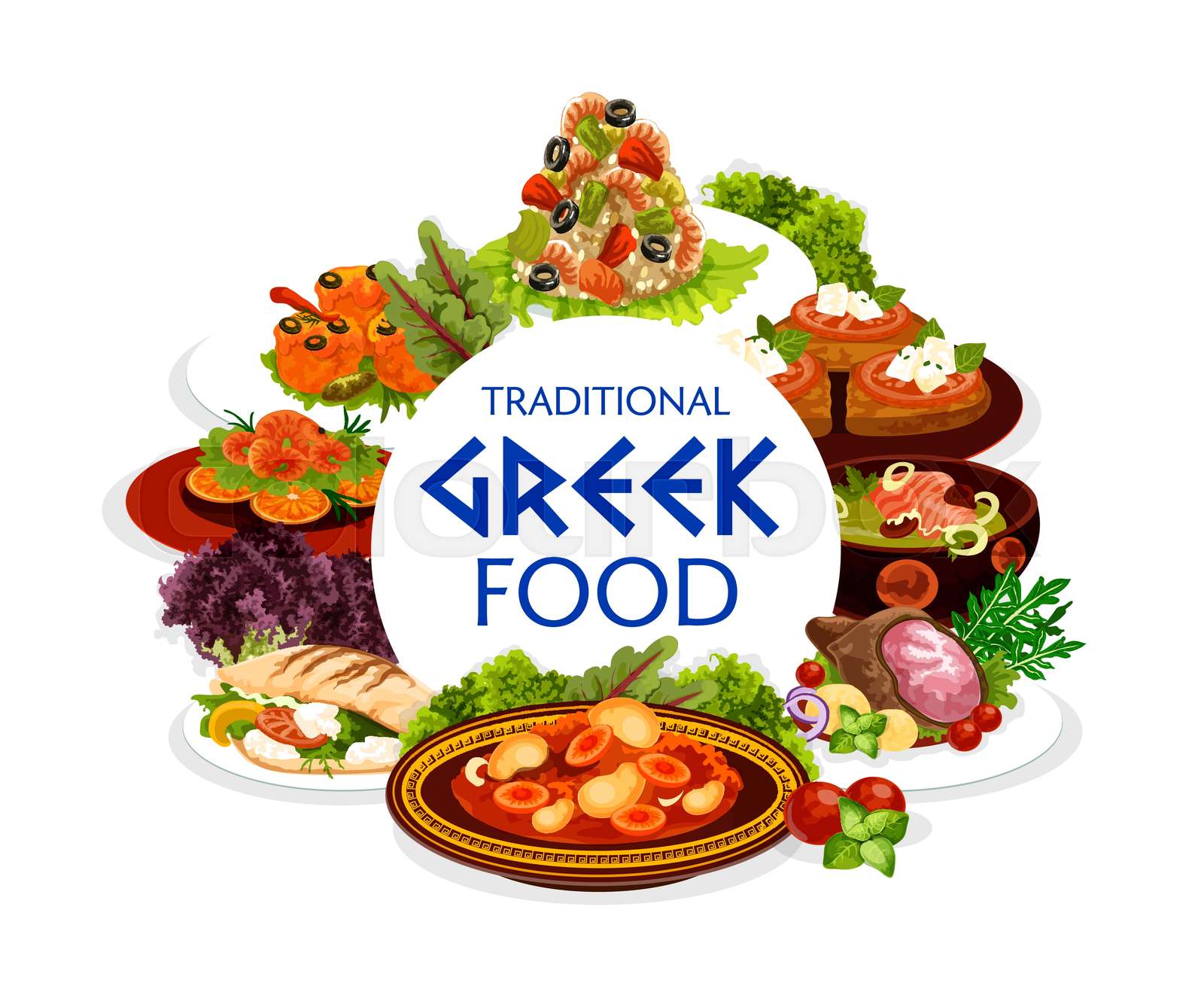 Greek cuisine vegetables, meat, seafood dishes | Stock vector | Colourbox
