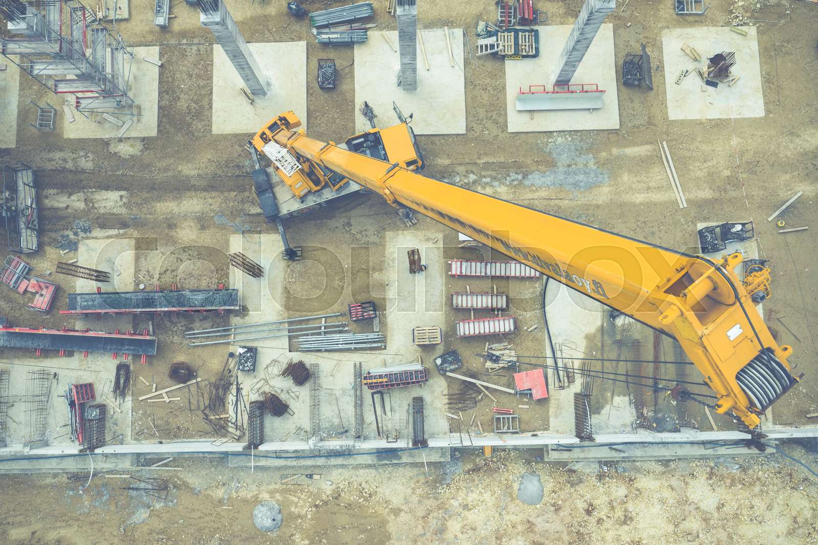 Construction site from above. Aerial view of workplaces in construction ...