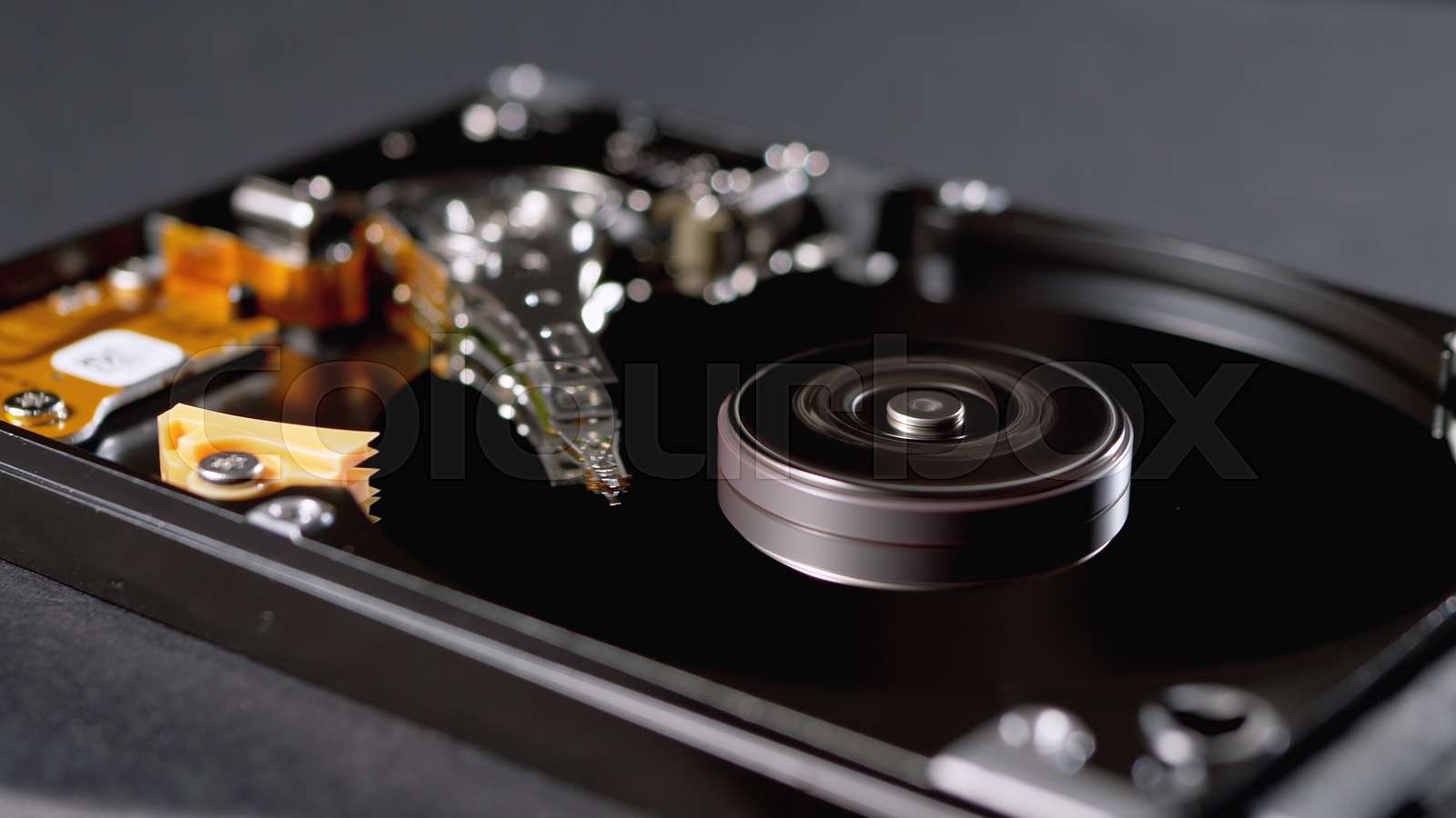 Hard Disk Drive Inside. Structure of HDD, Spinning Platter. Move ...