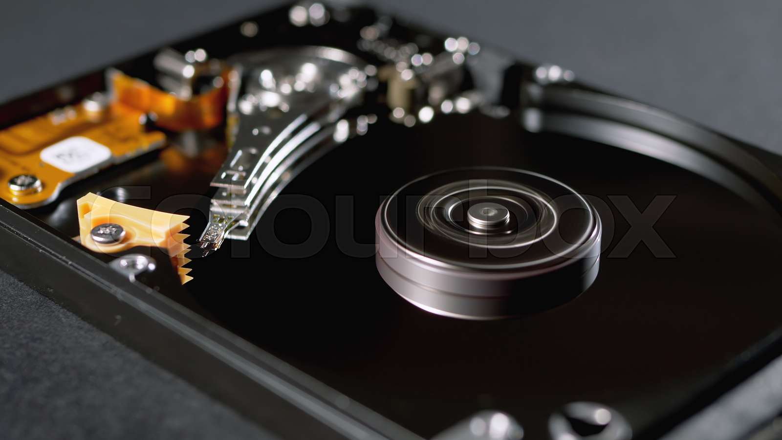 Hard Disk Drive Inside. Structure of HDD, Spinning Platter. Move ...
