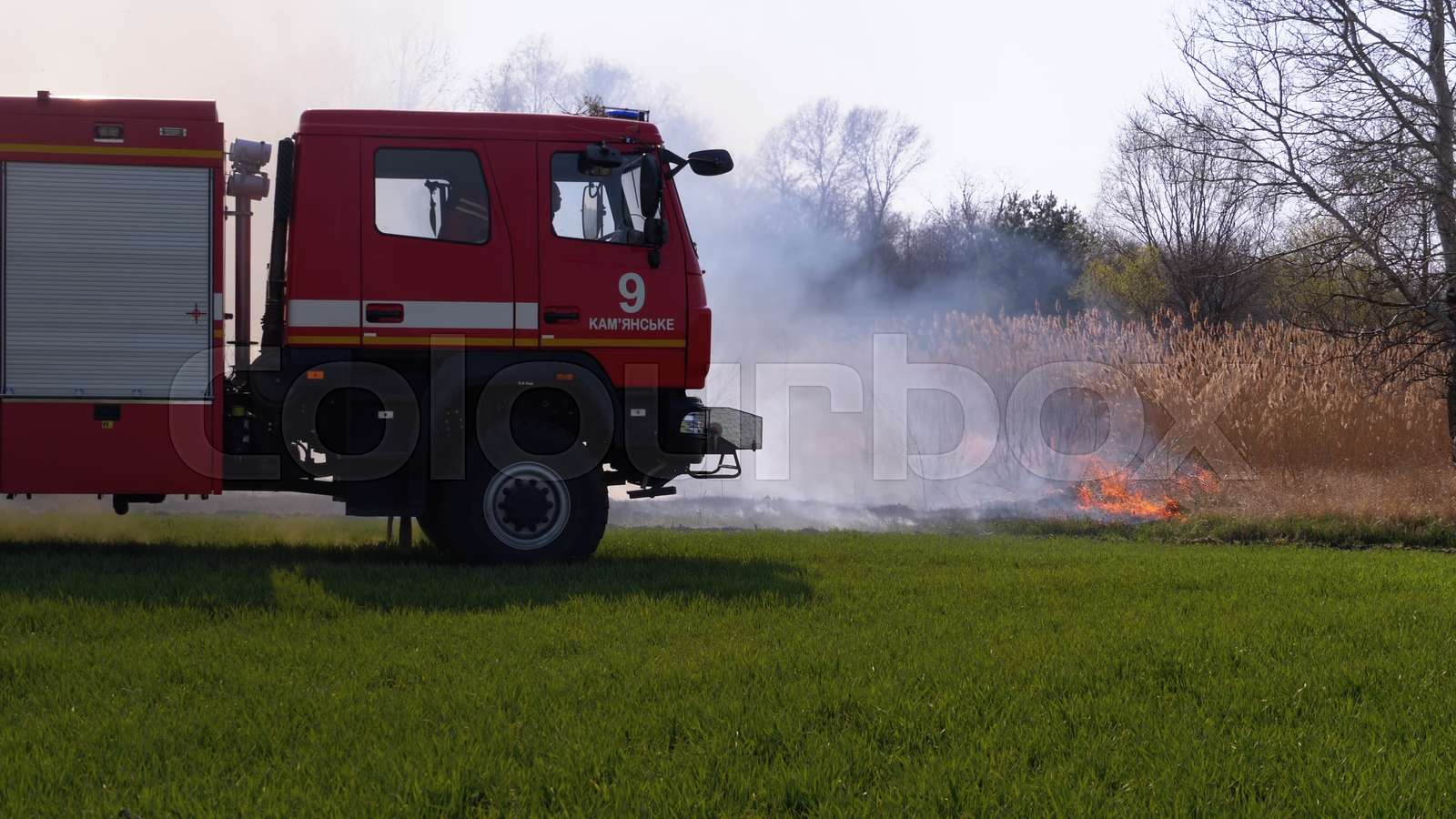 Fire Truck Rides into the Forest to Extinguish a Forest Fire. Thick ...