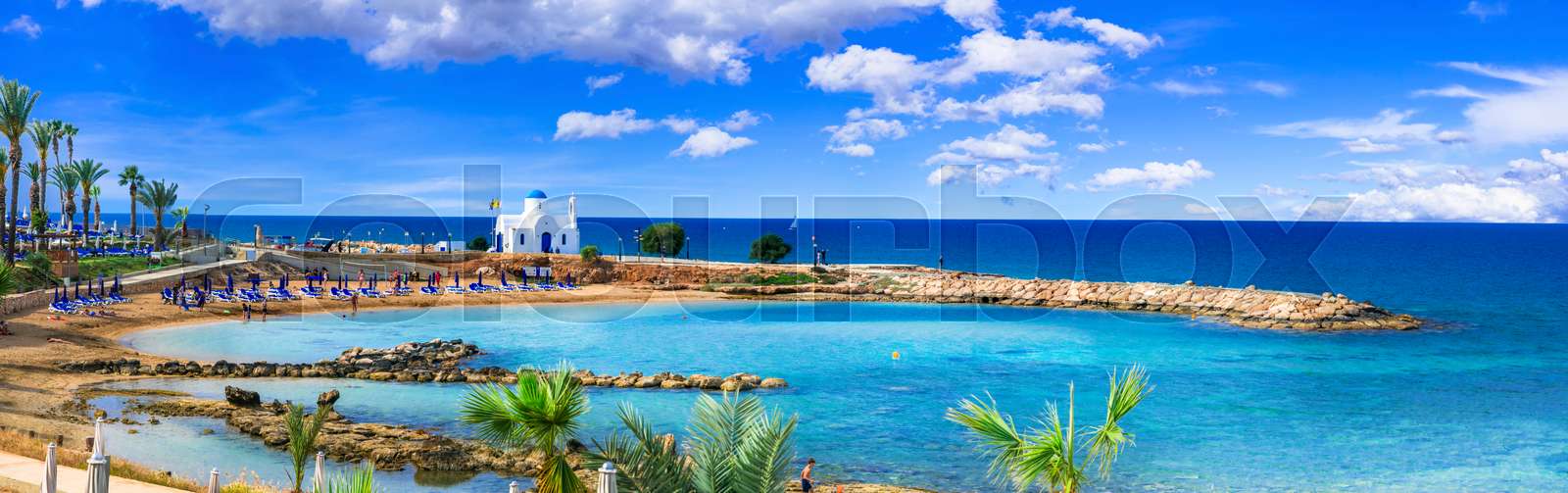 Cyprus island - best beaches. Scenic Louma beach with little church ...