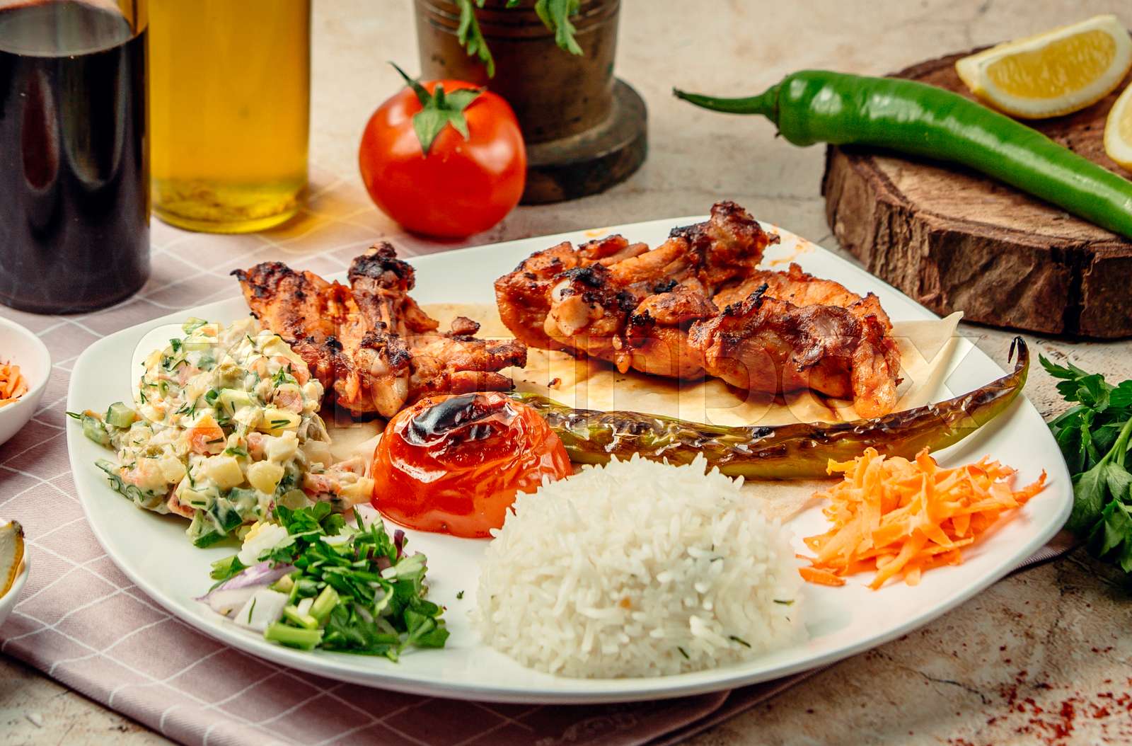 chicken kebab with rice and vegetables | Stock image | Colourbox