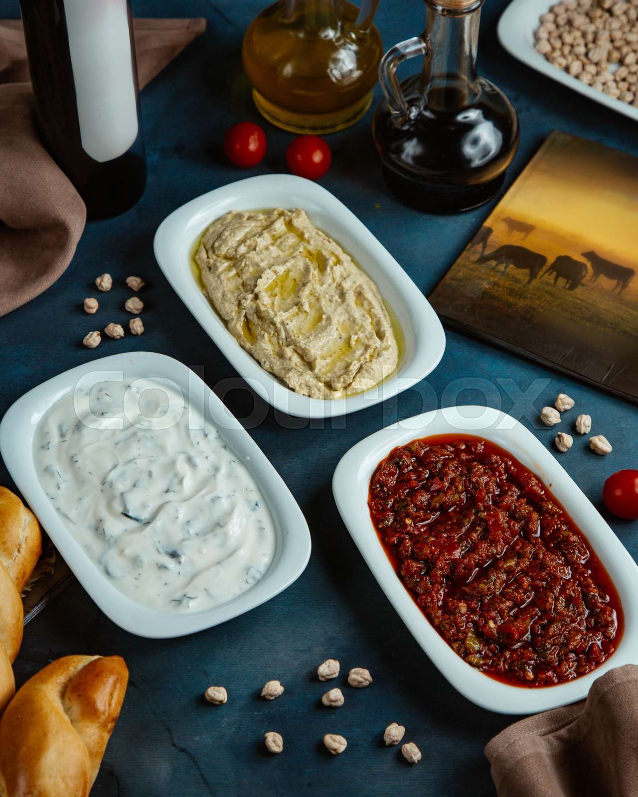 three platters of turkish side dishes served at the restaurant | Stock ...