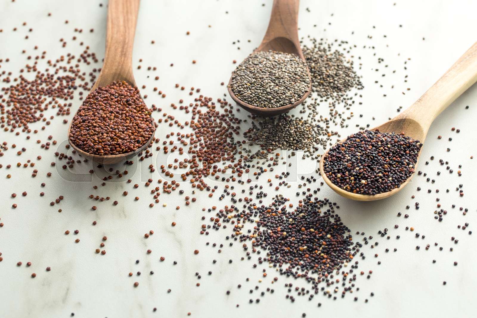 Red and black quinoa and chia seeds. | Stock image | Colourbox