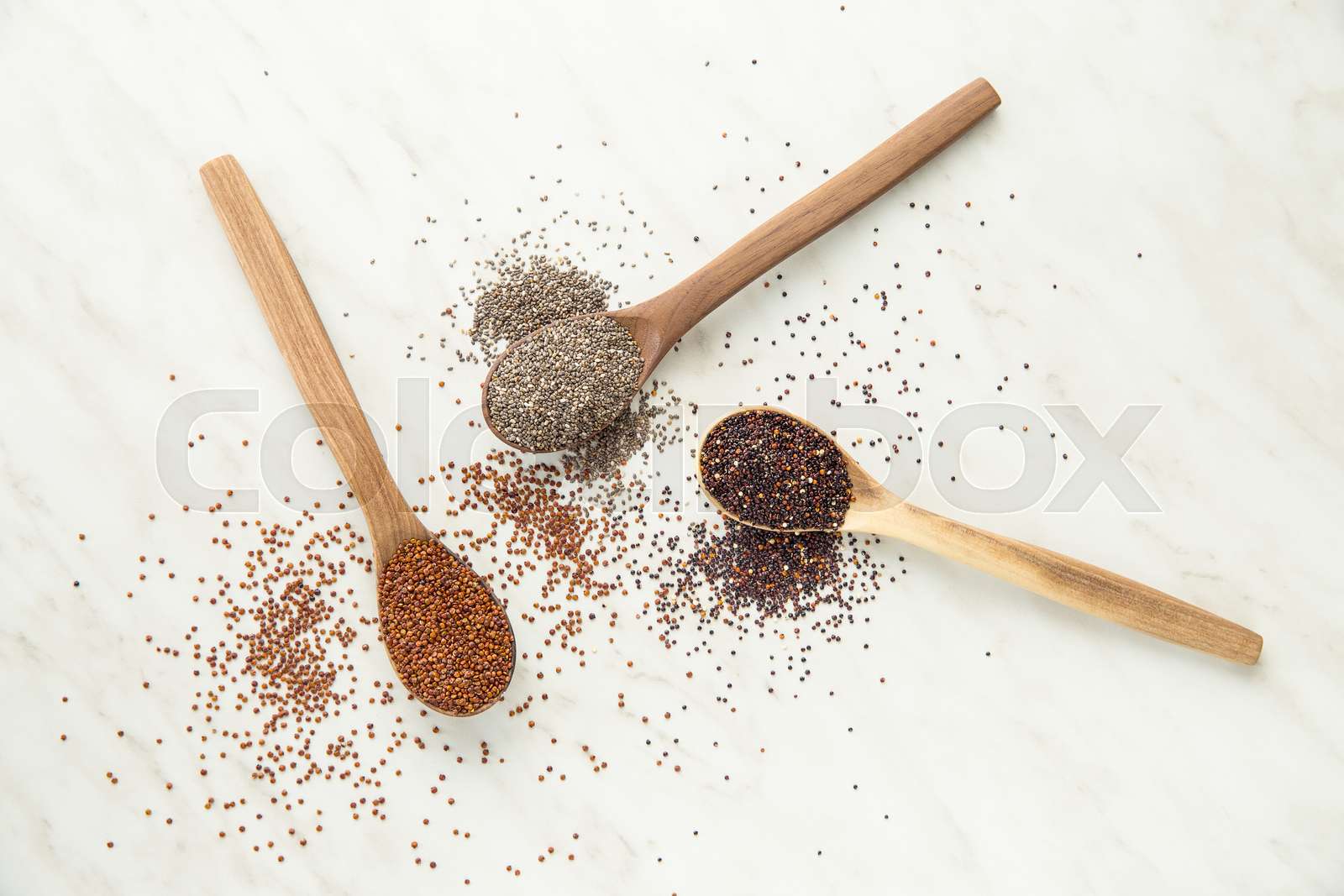 Red and black quinoa and chia seeds. | Stock image | Colourbox