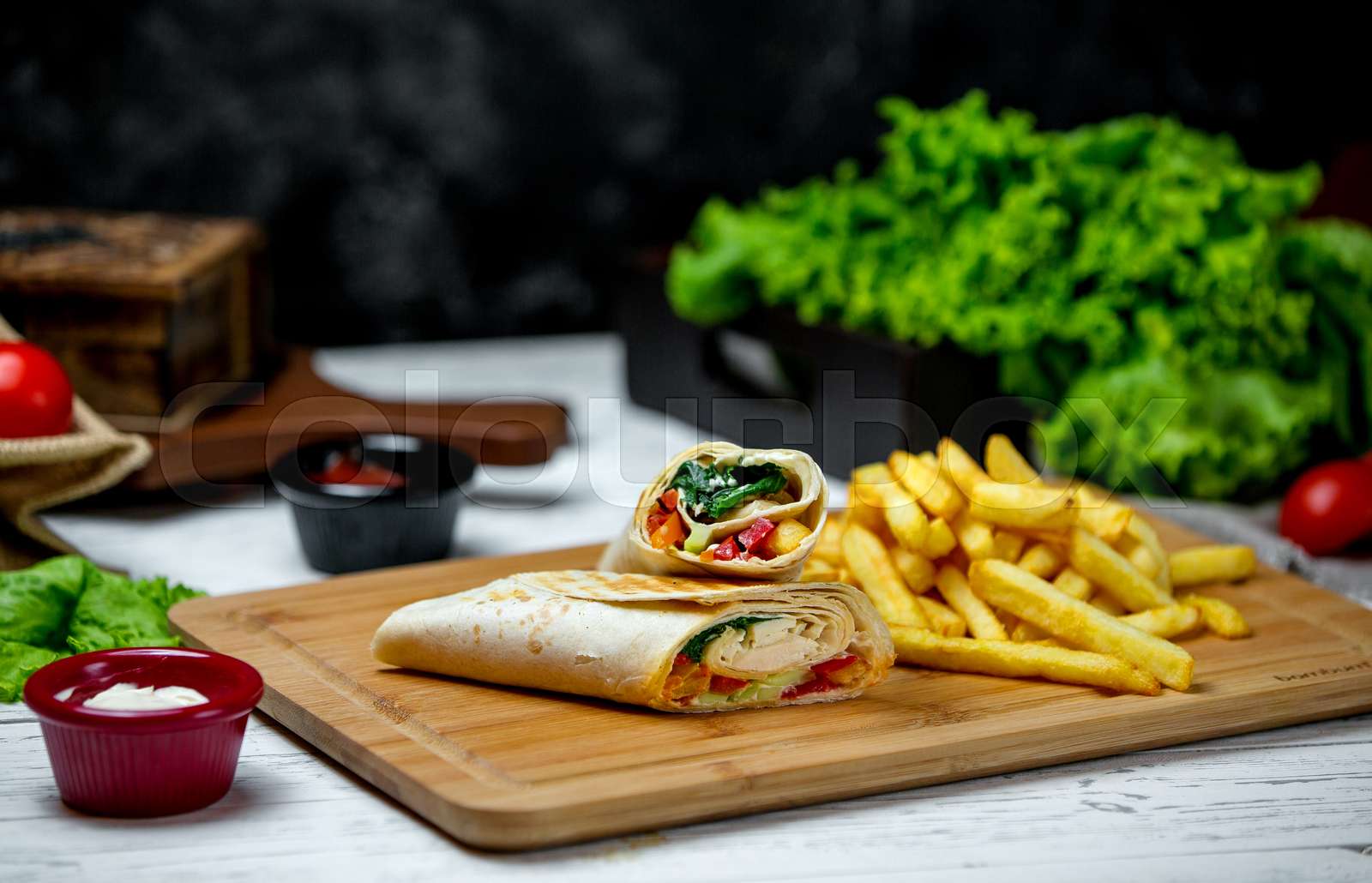 chicken wrap with side french fries | Stock image | Colourbox
