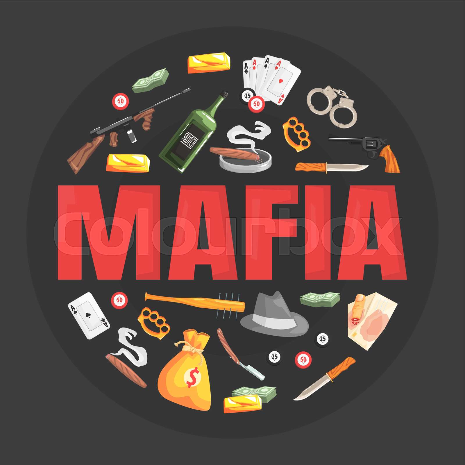 Mafia Banner Template with Gangsters Vintage Objects Pattern of Round ...
